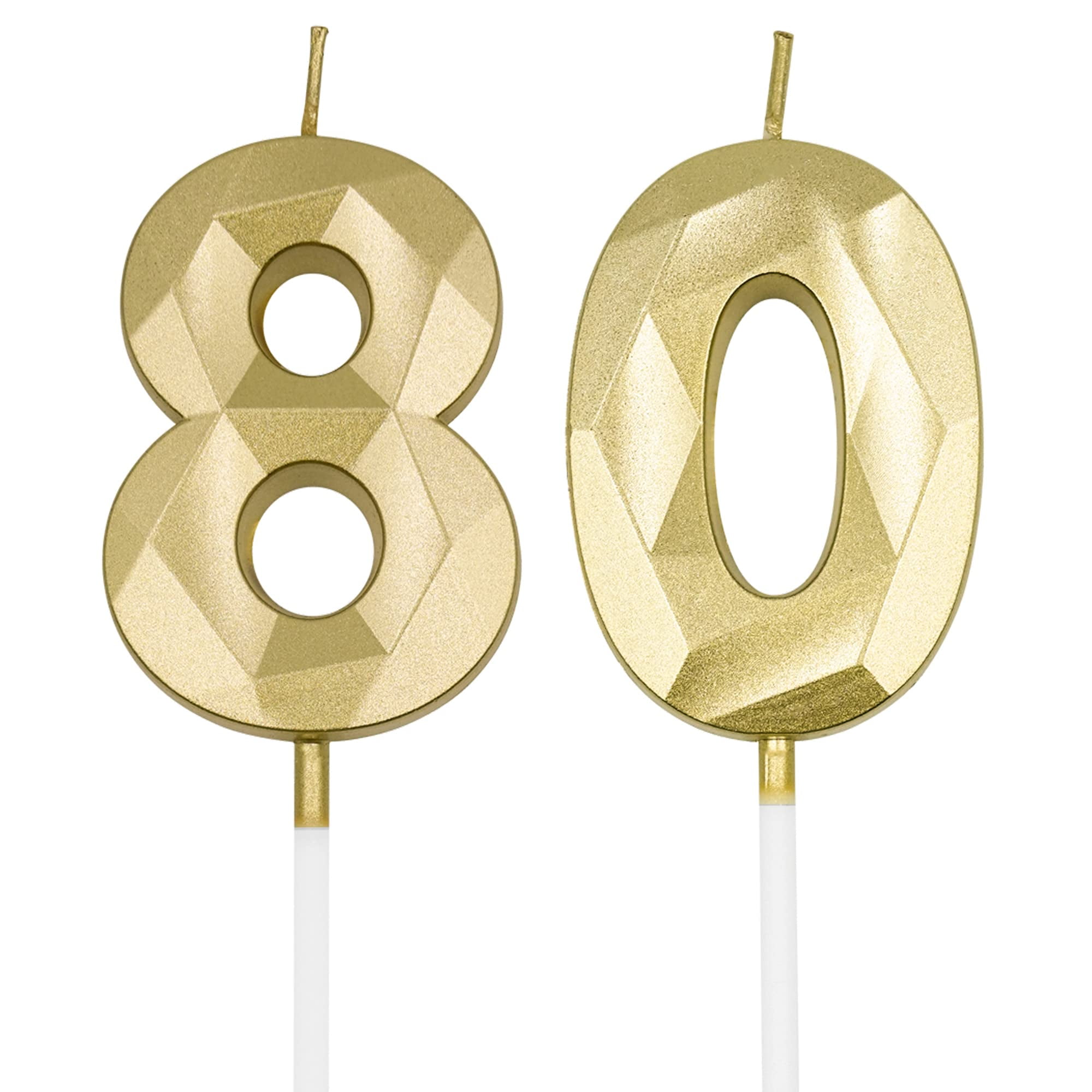 80th Birthday Candles for Cake, Gold Number 80 3D Diamond Shaped Candle ...