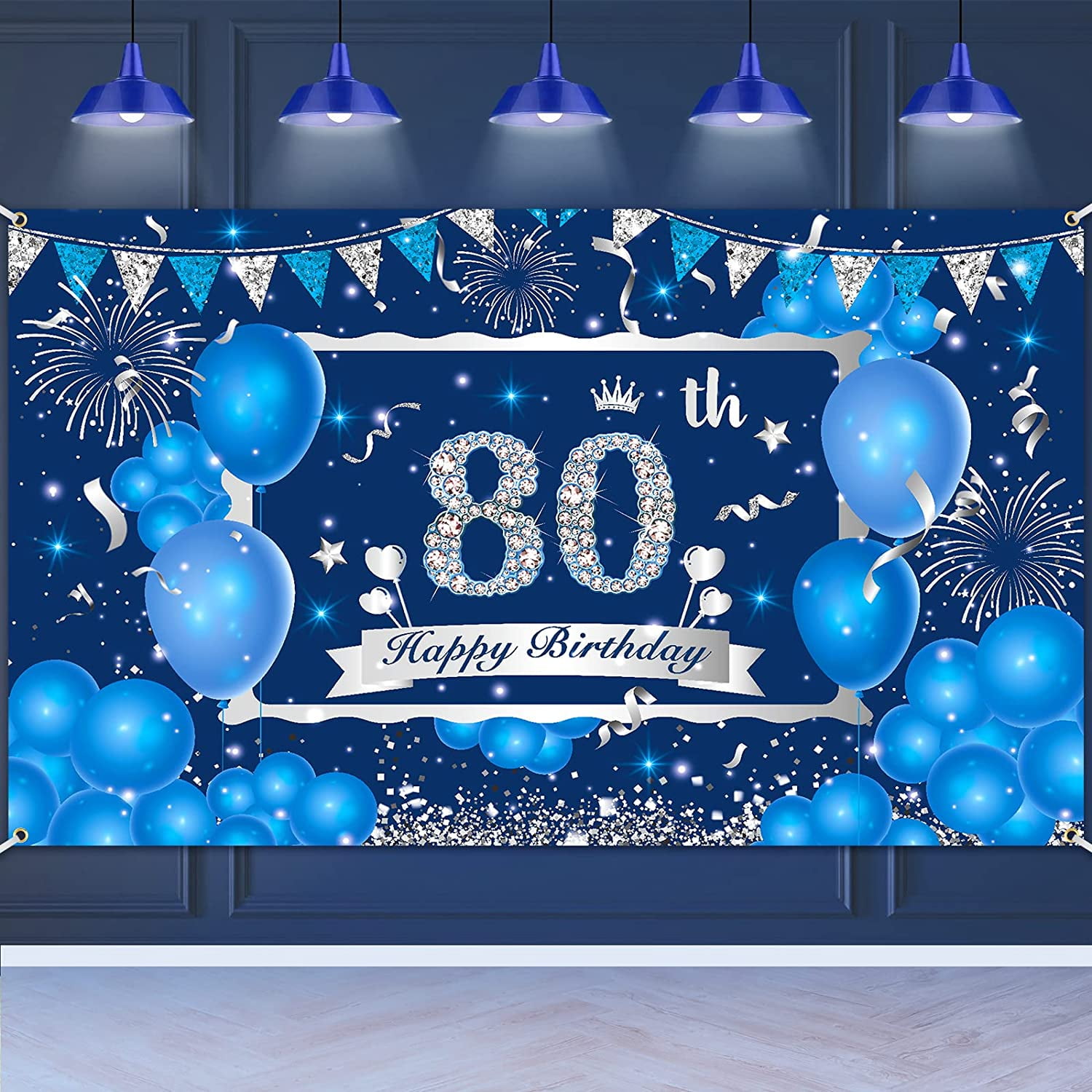80th Birthday Decorations Banner for Men Women, Navy Blue Silver Happy ...