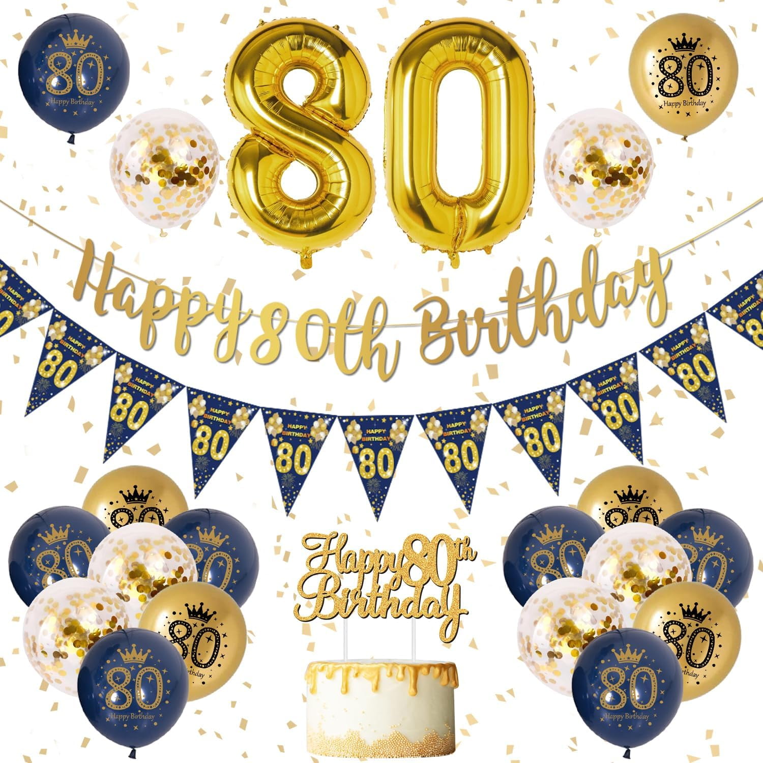 80th Birthday Decorations for Men, Blue Gold Happy 80th Birthday Banner, Navy Blue Gold Latex ...
