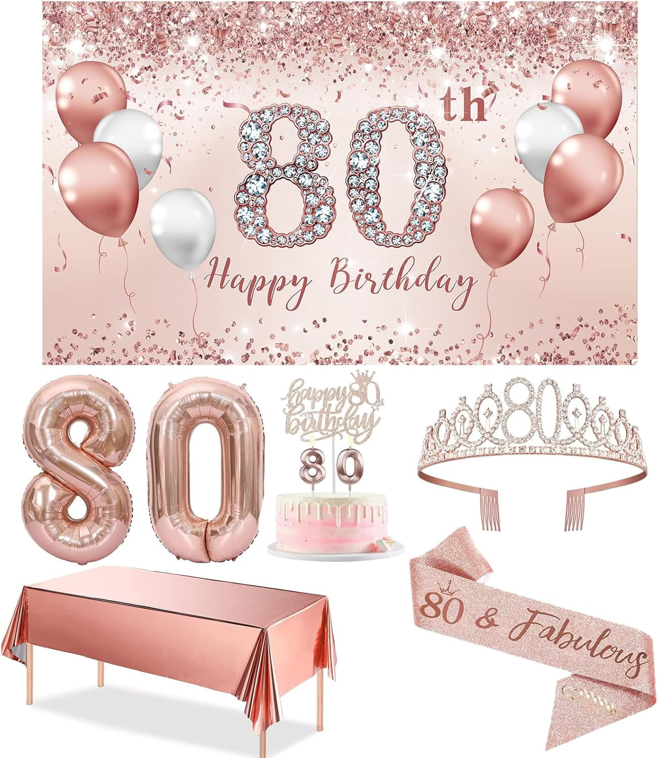 80th Birthday Decorations Party Set for Women, Rose Gold 80 Birthday ...