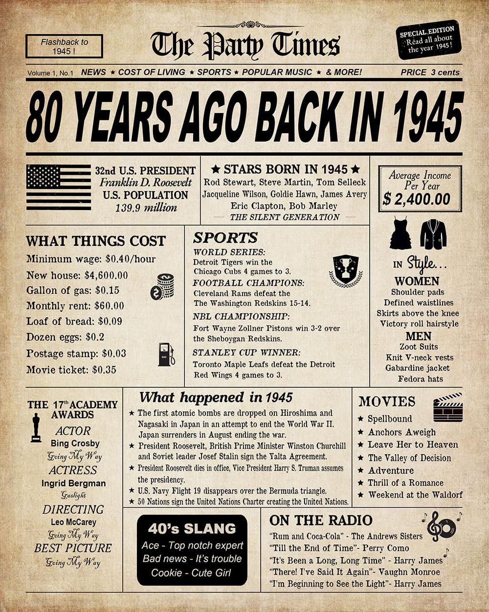 80th Birthday Decorations for Women Men, Vintage 1945 Themed Party ...