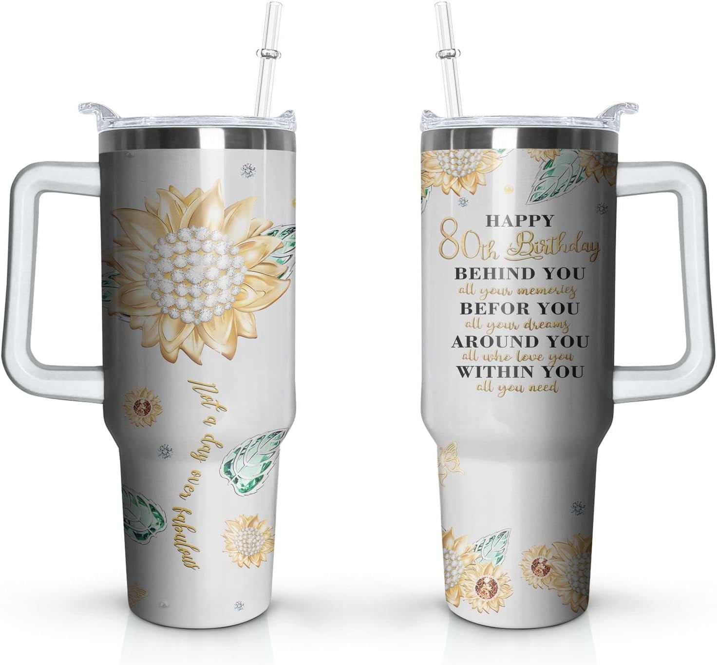 80th Birthday Gifts Cup, 40 Oz Stainless Steel Tumbler with Handle & Straw, 80 Year Old Birthday ...
