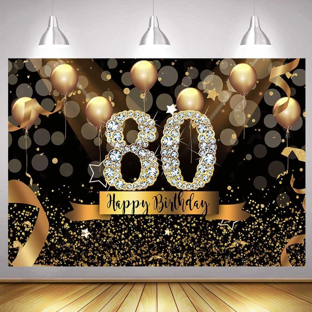 80th Birthday Party Decorations Backdrop Banner, Black Gold Happy 80th ...