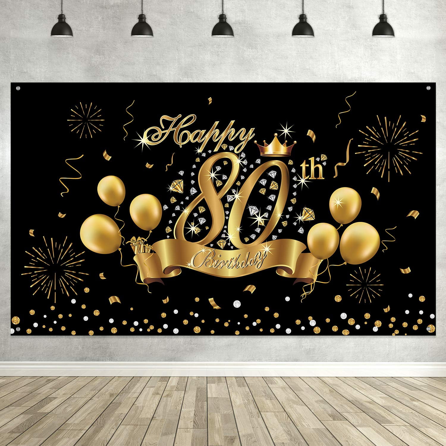 80th Birthday Party Decorations Backdrop Banner, Black Gold Happy 80th ...