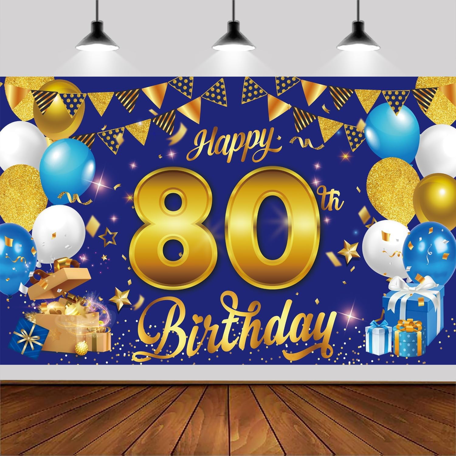 80th Blue Gold Birthday Backdrop Happy Birthday Photography Background ...