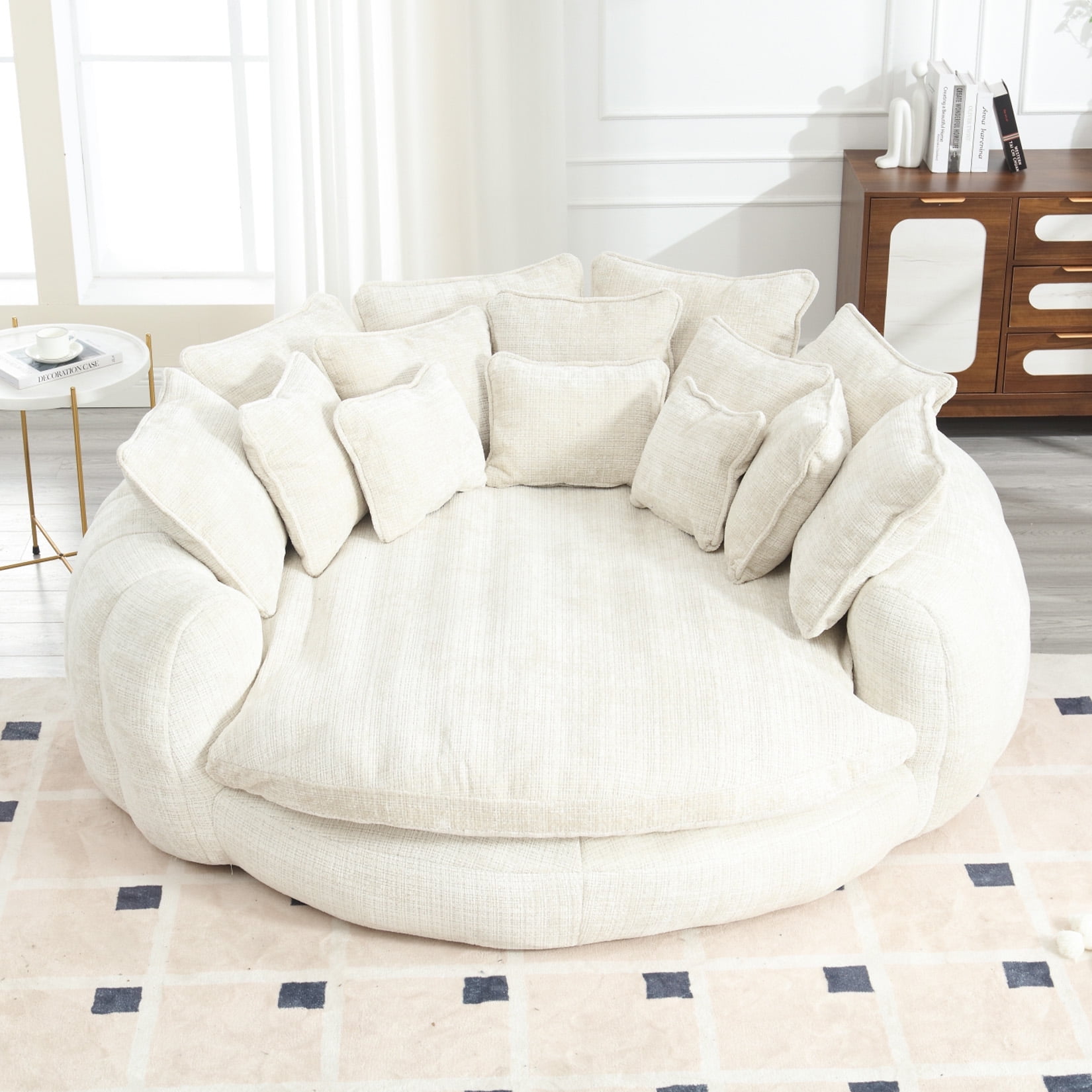 HBUI Oversized Round Chaise Lounge Chair with 14 Pillows, Beige ...