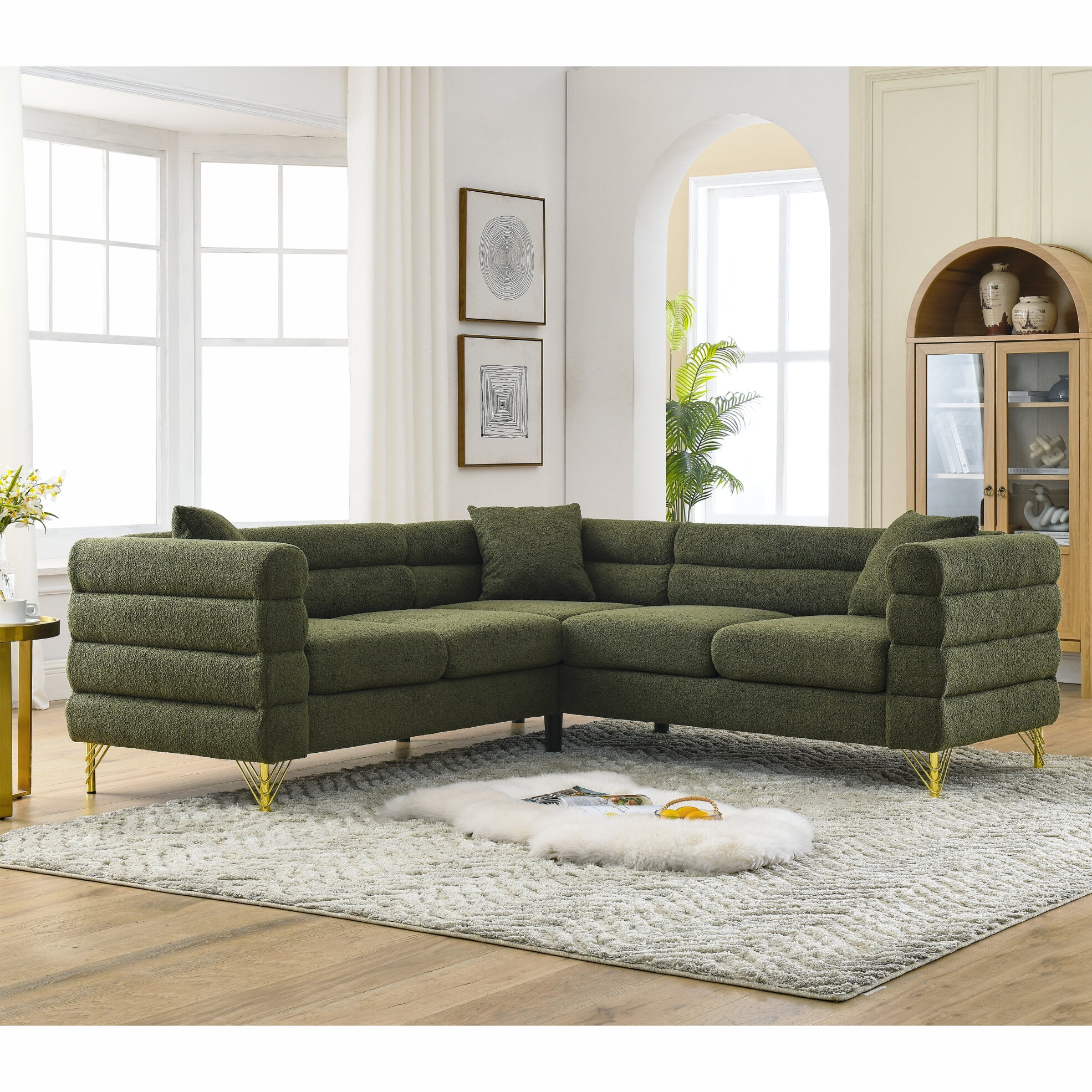 81.5 Inch Oversized Corner Sofa Couch, L-Shaped Sectional Sofa, Modern Teddy Fabric 5-Seater ...