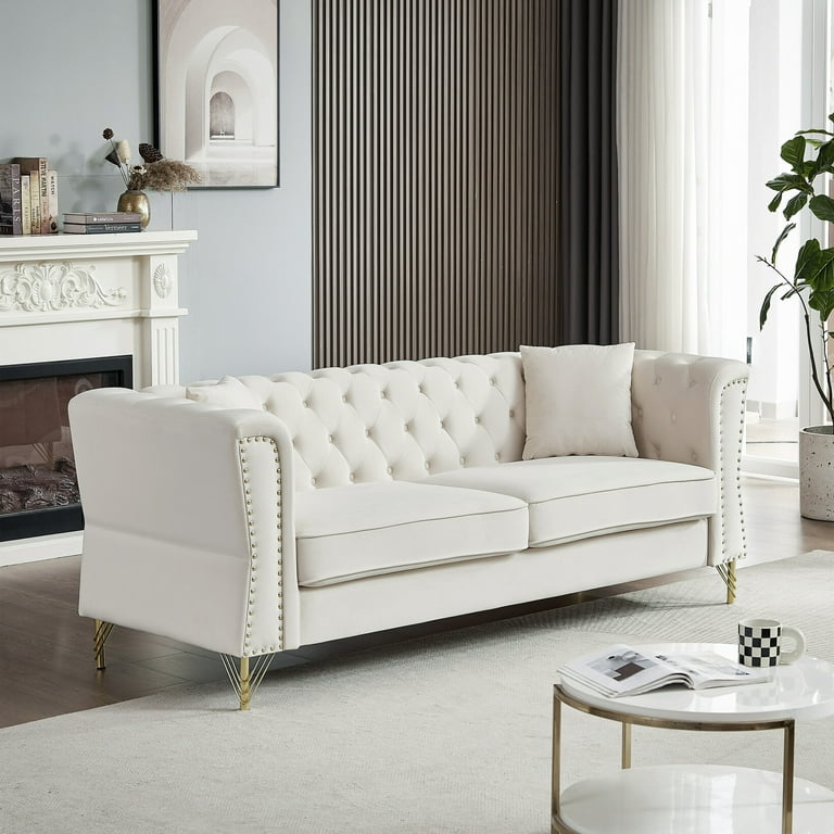 Classic Chesterfield 3 Seater Sofa with Nailhead Trim Metal Legs Elegant Living Room Couch Beige