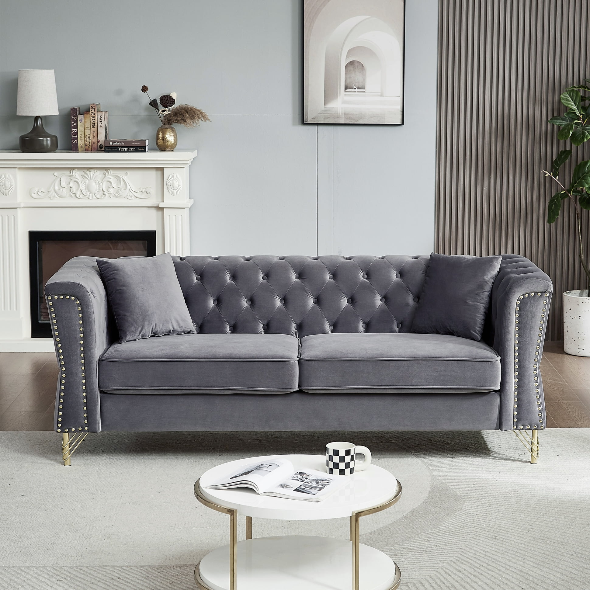 81.8" Classic Chesterfield Sofa with Rolled Arms, 3 Seater Sofa Tufted Couch with Metal Foot and ...