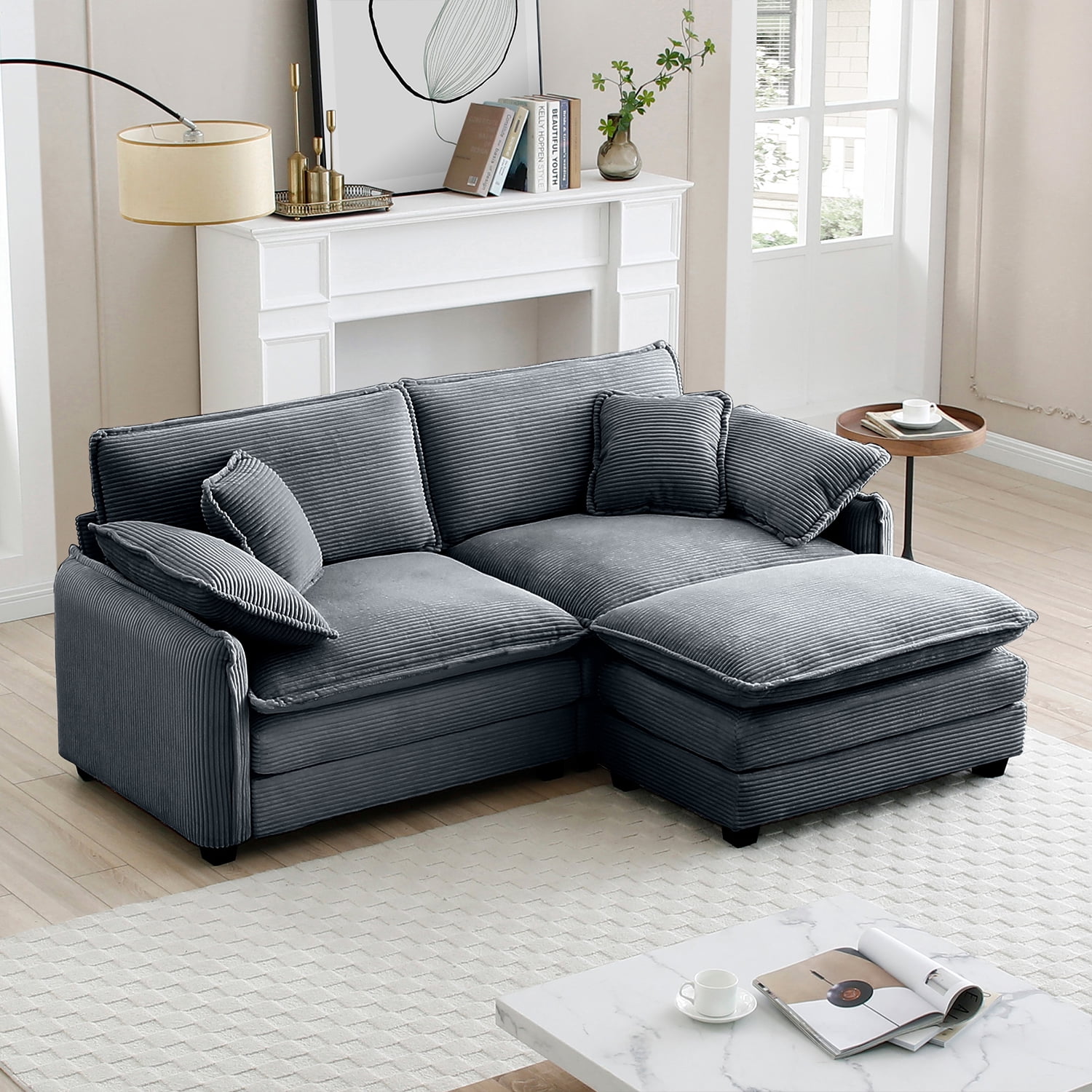81" Corduroy Modern Loveseat Sofa, 2 Seater Sectional Couches for Living Room, Grey Deep Seat L ...