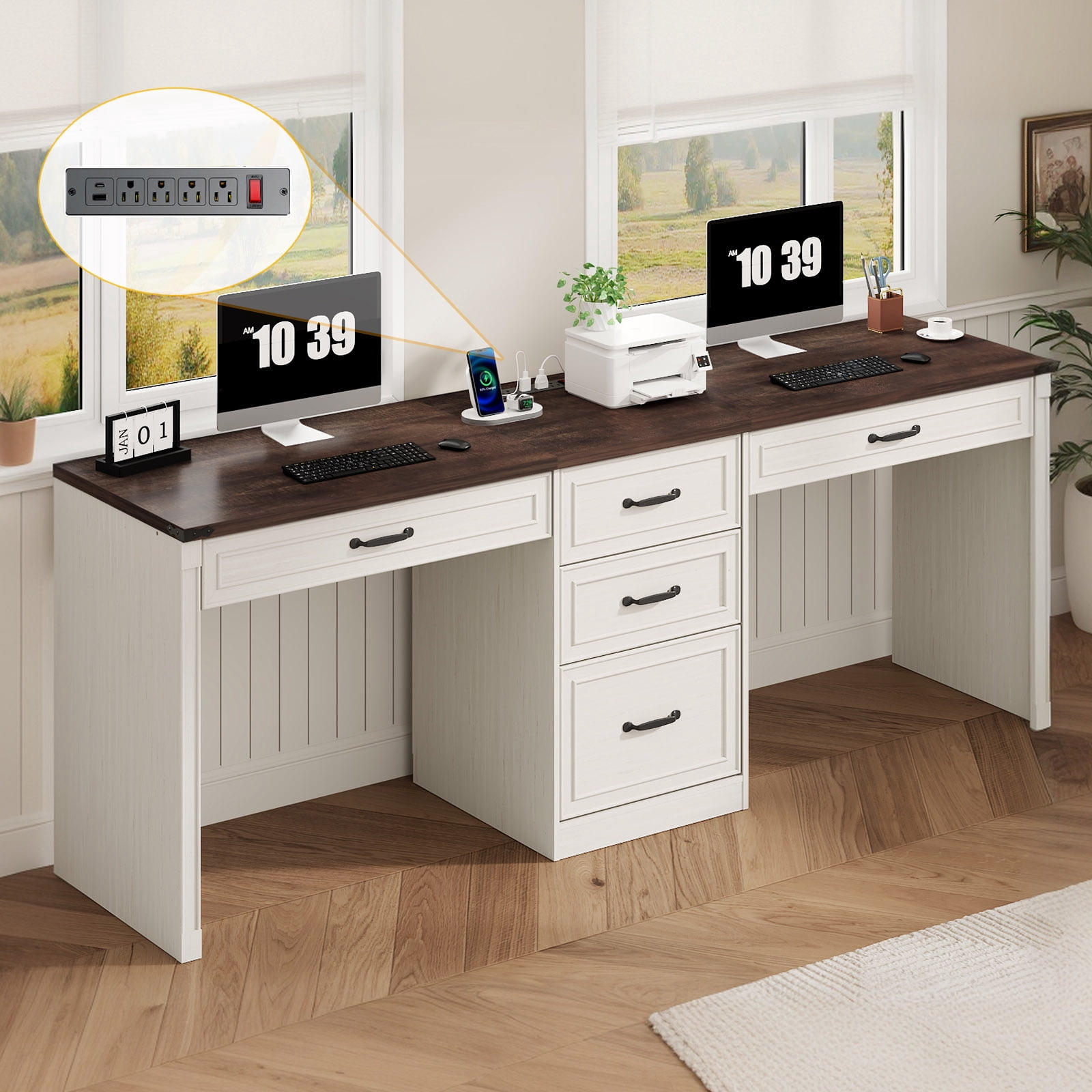 81" 2 Person Desk with 5 Drawers & Outlets, Farmhouse Home Office Desk ...