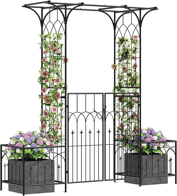 81" H Garden Arch and Arbor with Gate, Black Arch with Planter Boxes ...