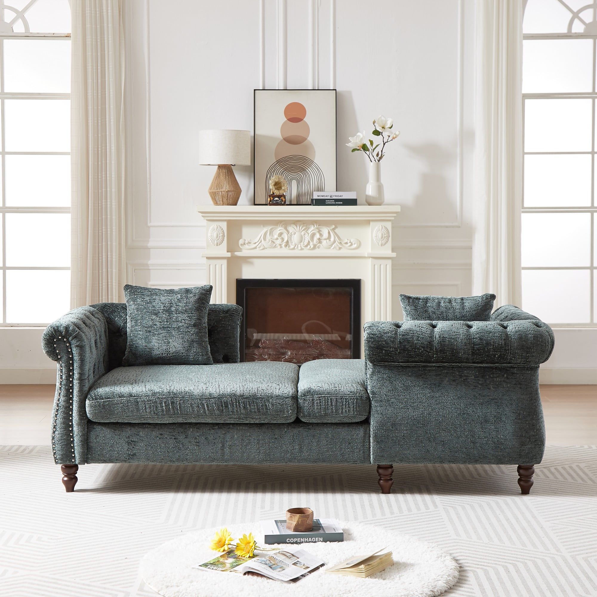 81-Inch Chenille Face-To-Face Chaise Lounge with Two Pillows,Nailhead ...