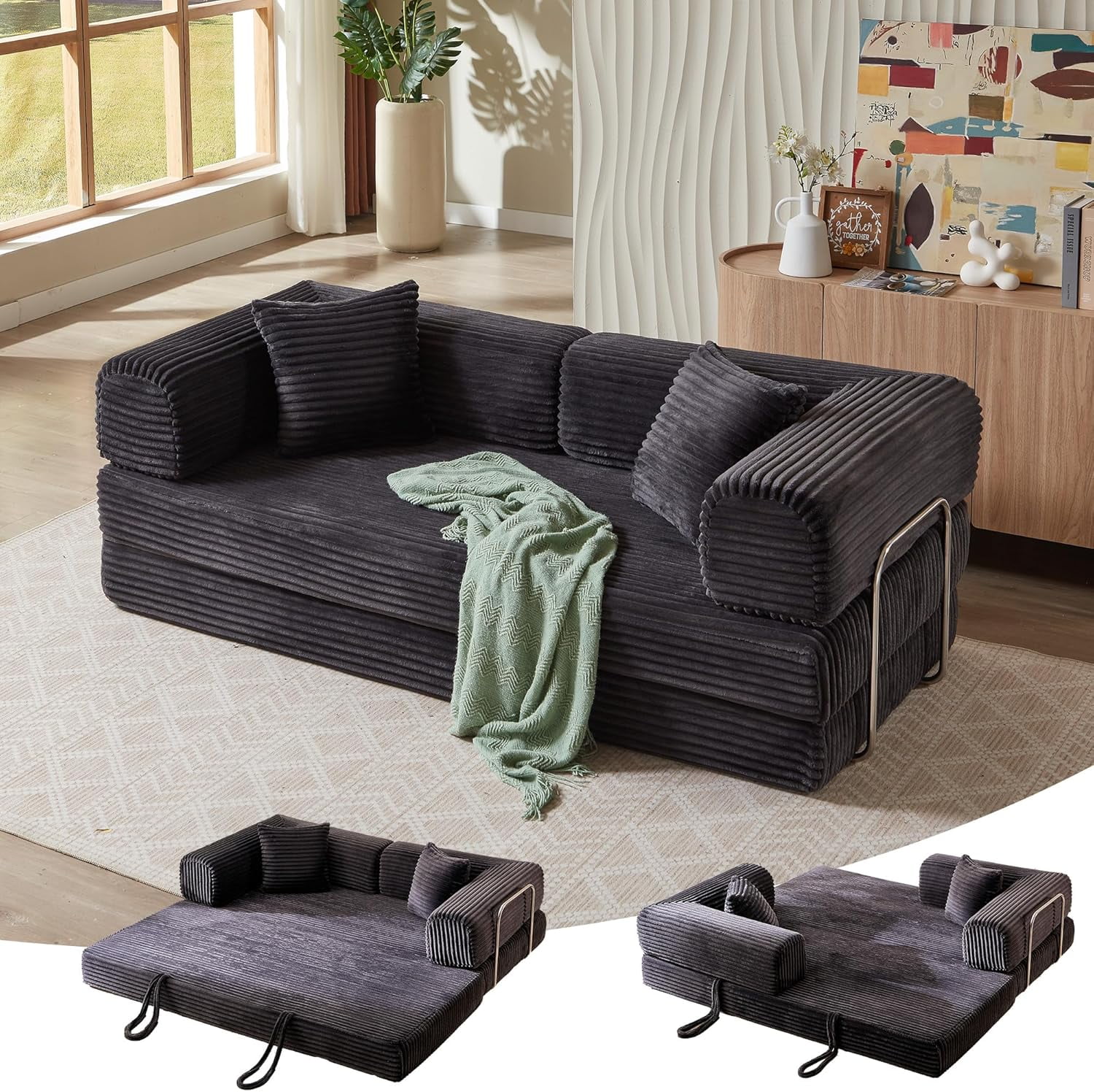 81 Inch Convertible Futon Sofa Bed,Fold Out Floor Sofa Couch with Fixed ...