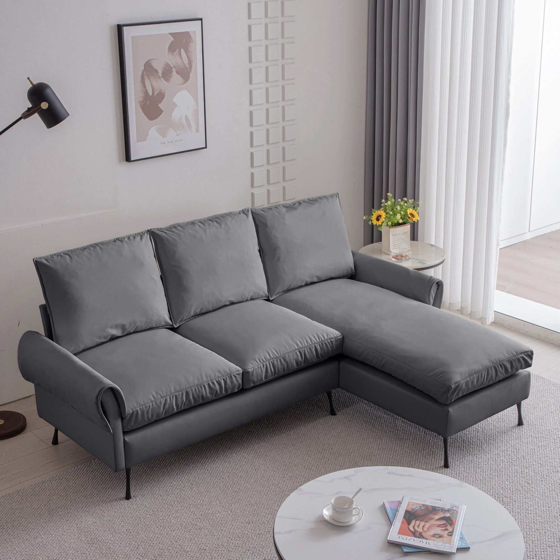 81" L-Shaped Sectional Sofa Couch, Technical Leather Modular Sofa with Reversible Chaise Lounge ...