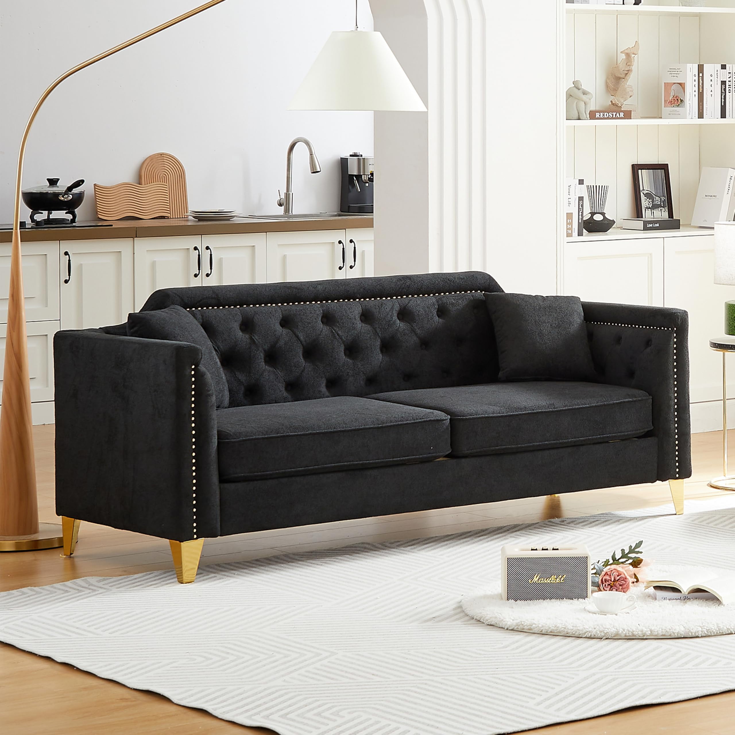 81"Mid-century design modern sofa,Chenille Pull Buckle Design Sofa for ...