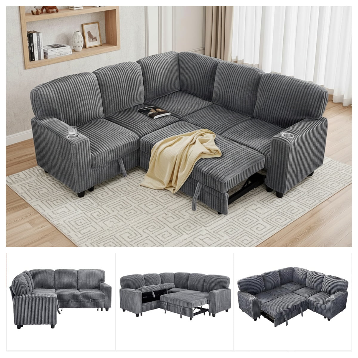 81" Modular Sectional Sofa, Corduroy Pull Out Couch Bed Sleeper Sofa ...
