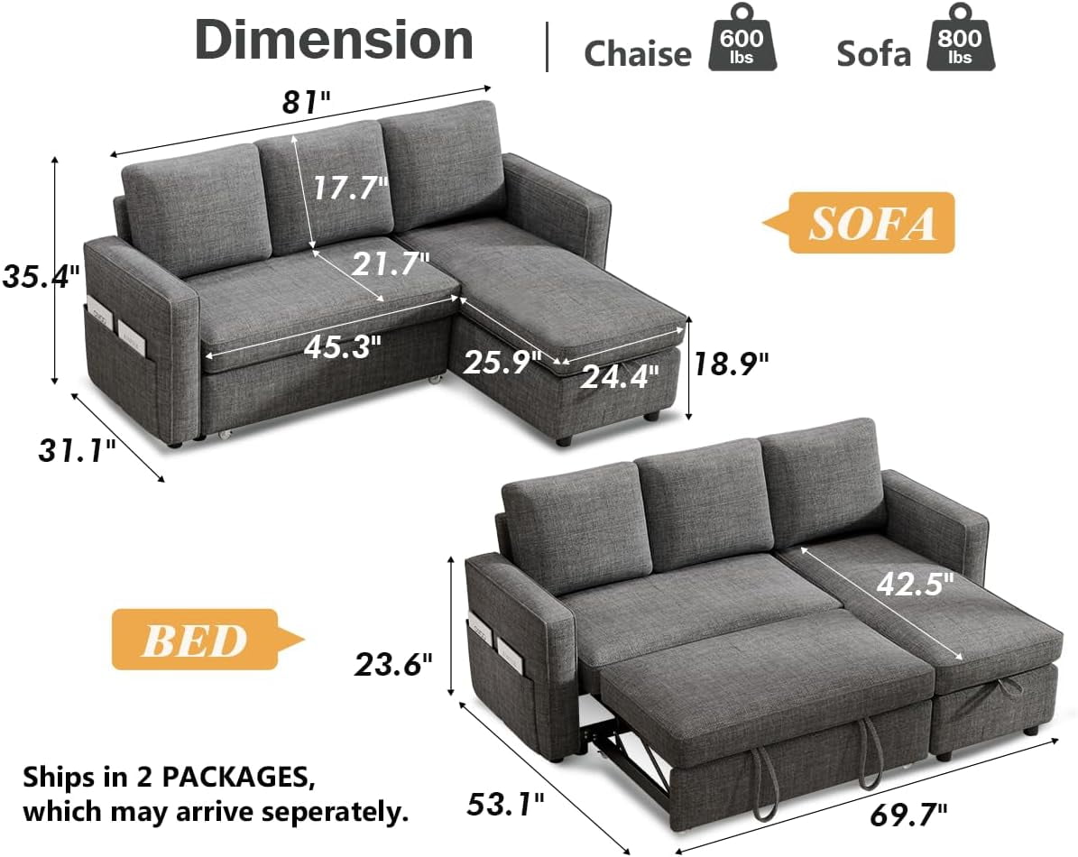81" Sleeper Sofa Bed, 2-in-1 Pull-Out Couch with Reversible Storage ...