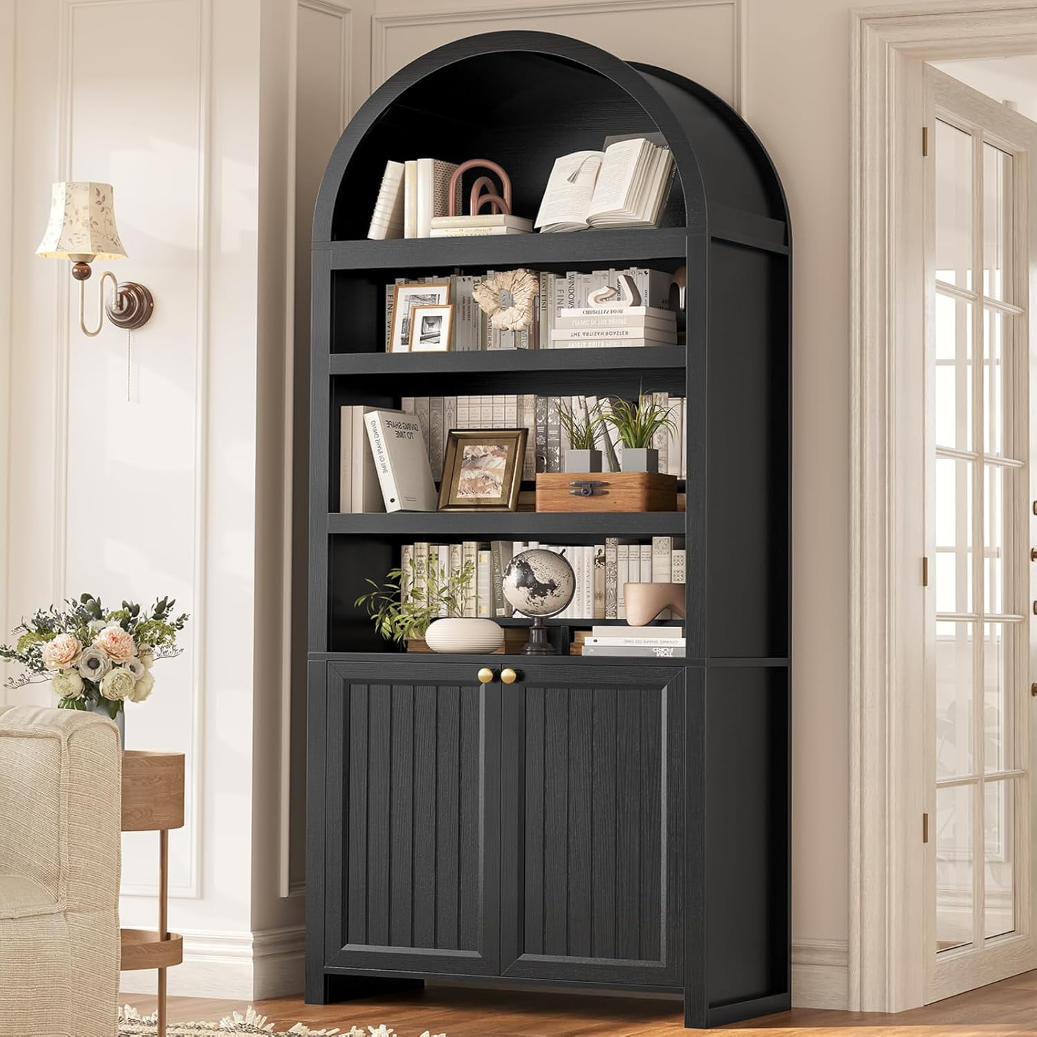 Frhnenha, Bookshelf, 81" Tall Arched Bookcase with 6 Shelves Doors ...