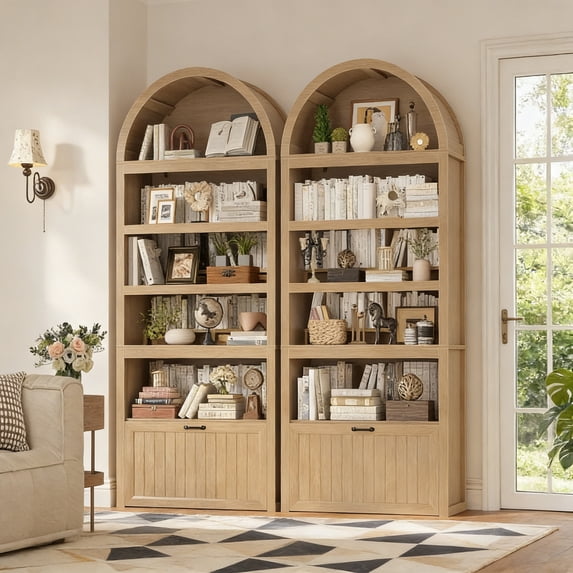 81" Tall Arched Cabinet, Bookcase with Drawer Storage, Mid-Century ...