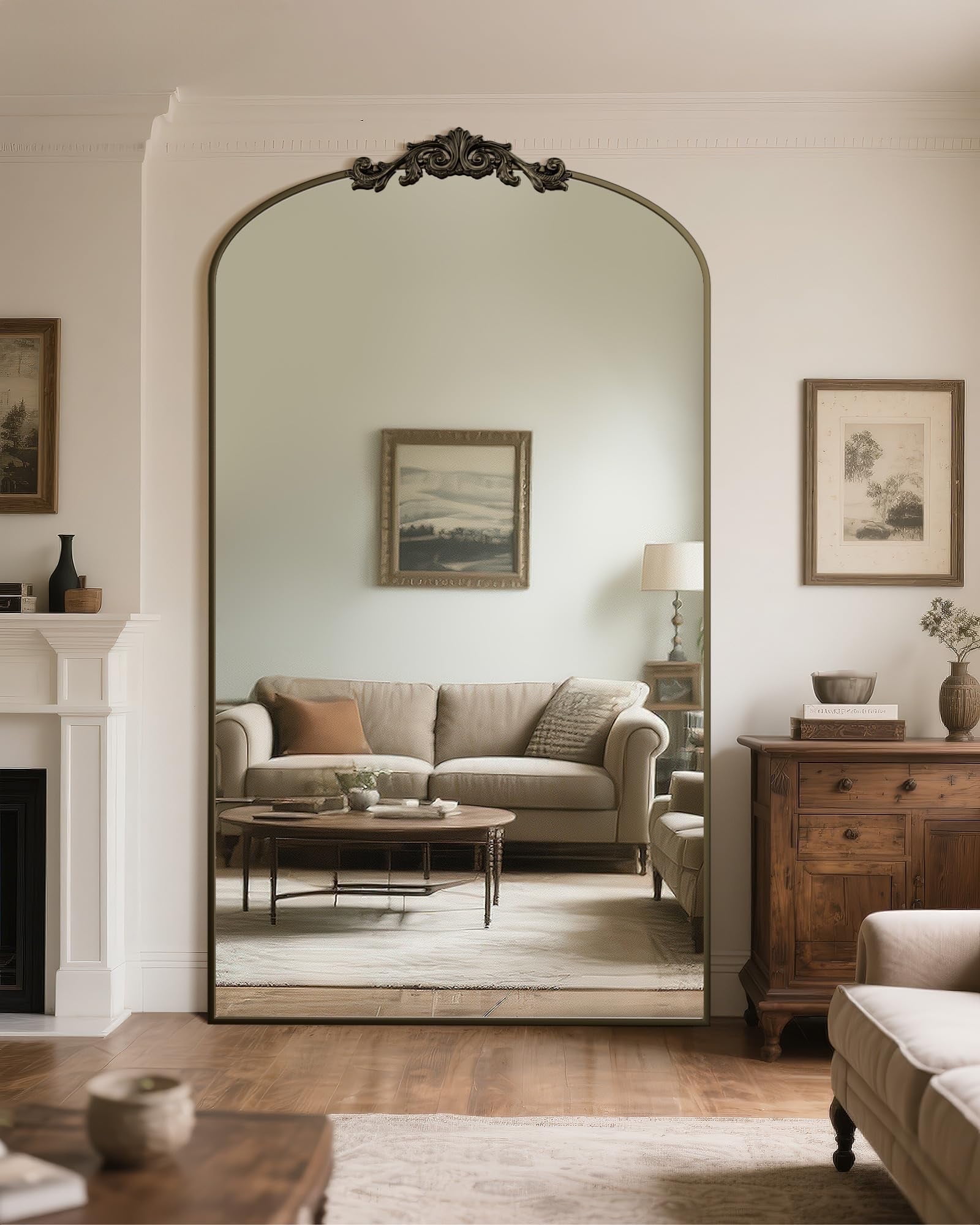 81"x41" Vintage Arched Full-Length Mirror with Carved Metal Frame, Baroque-Style Floor Mirror ...