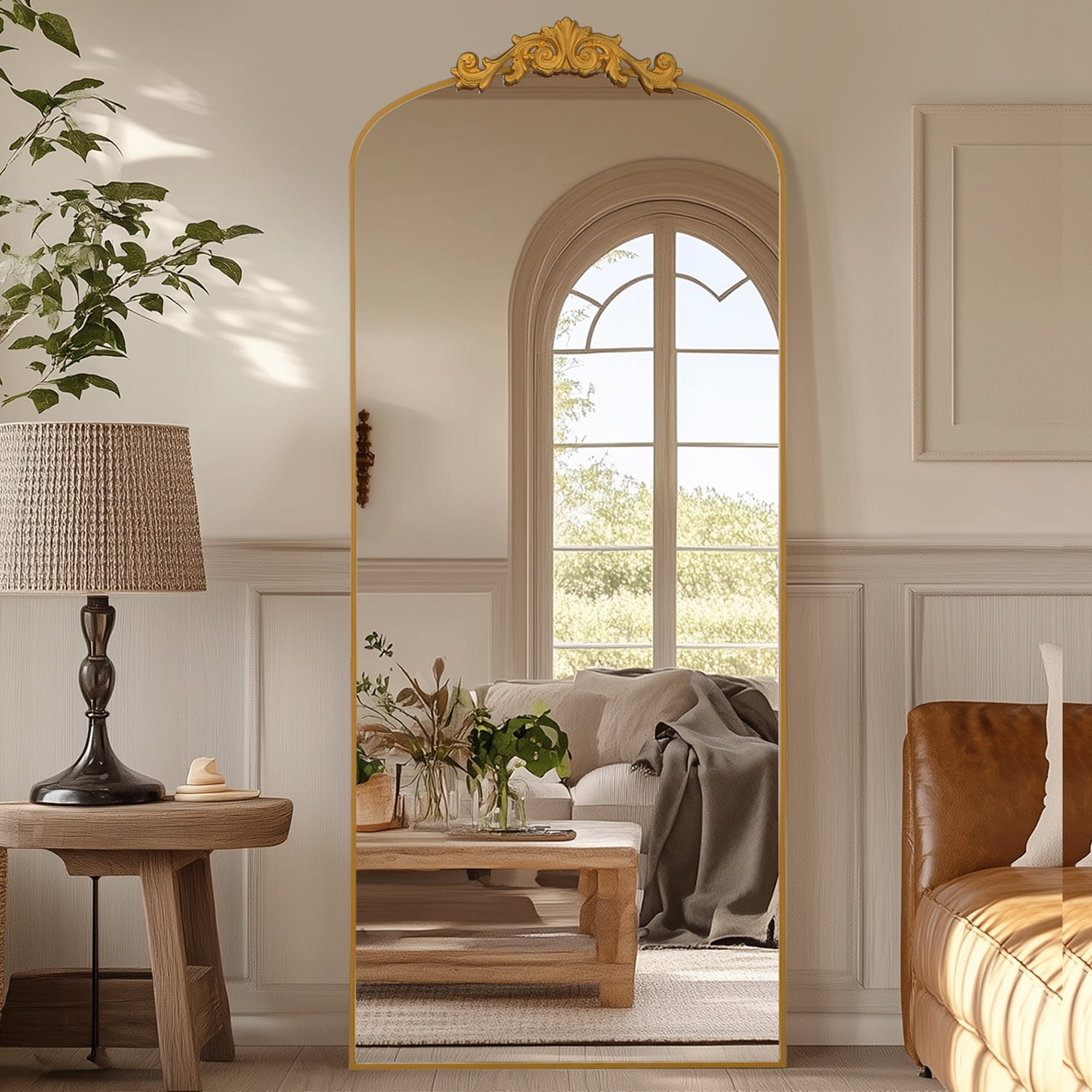 81"x41" Vintage Arched Full-Length Mirror with Carved Metal Frame, Baroque-Style Floor Mirror ...