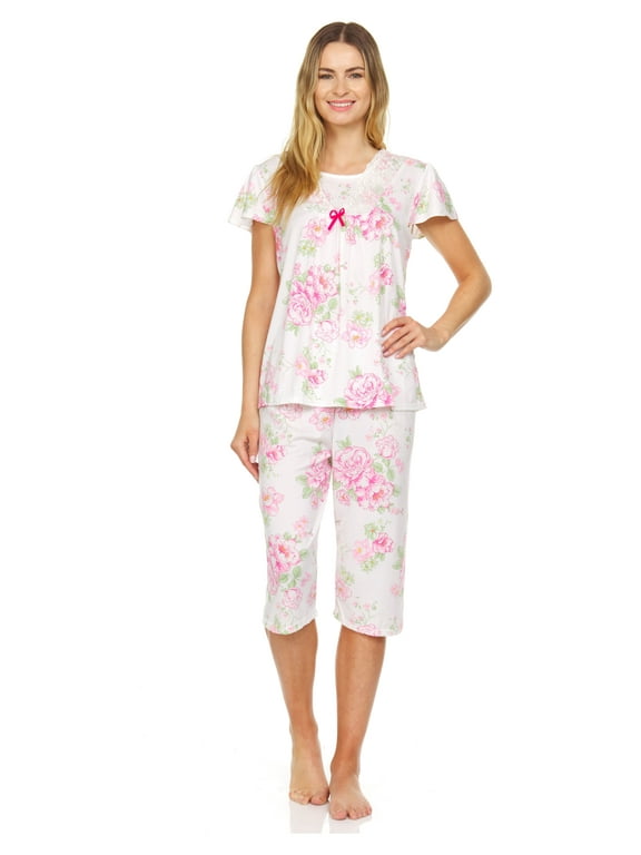 Casual Nights Women's Short Sleeve Embroidered Floral Capri Pajama Set ...