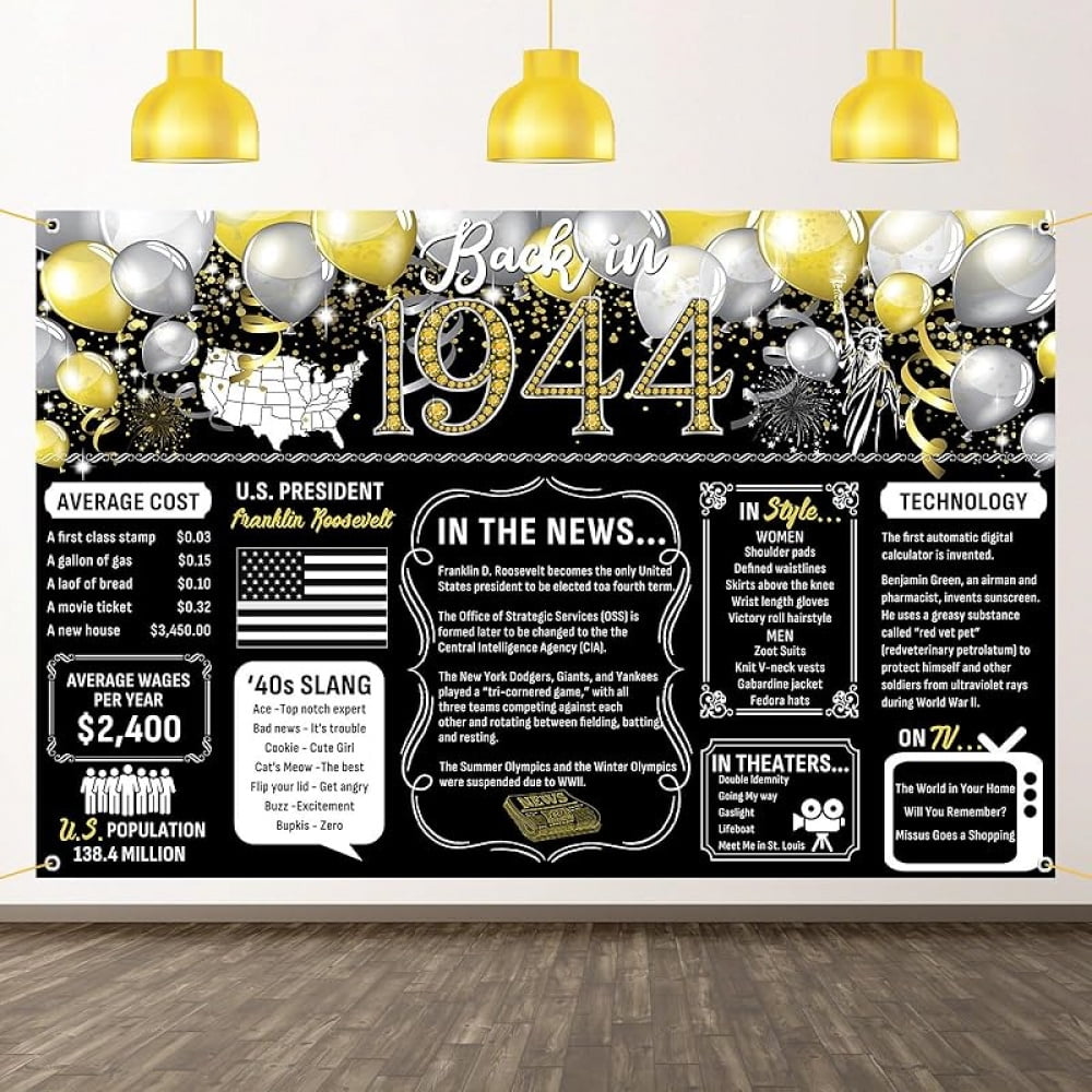 81st Birthday Black Gold Party Decoration Back in 1944 Backdrop Large ...
