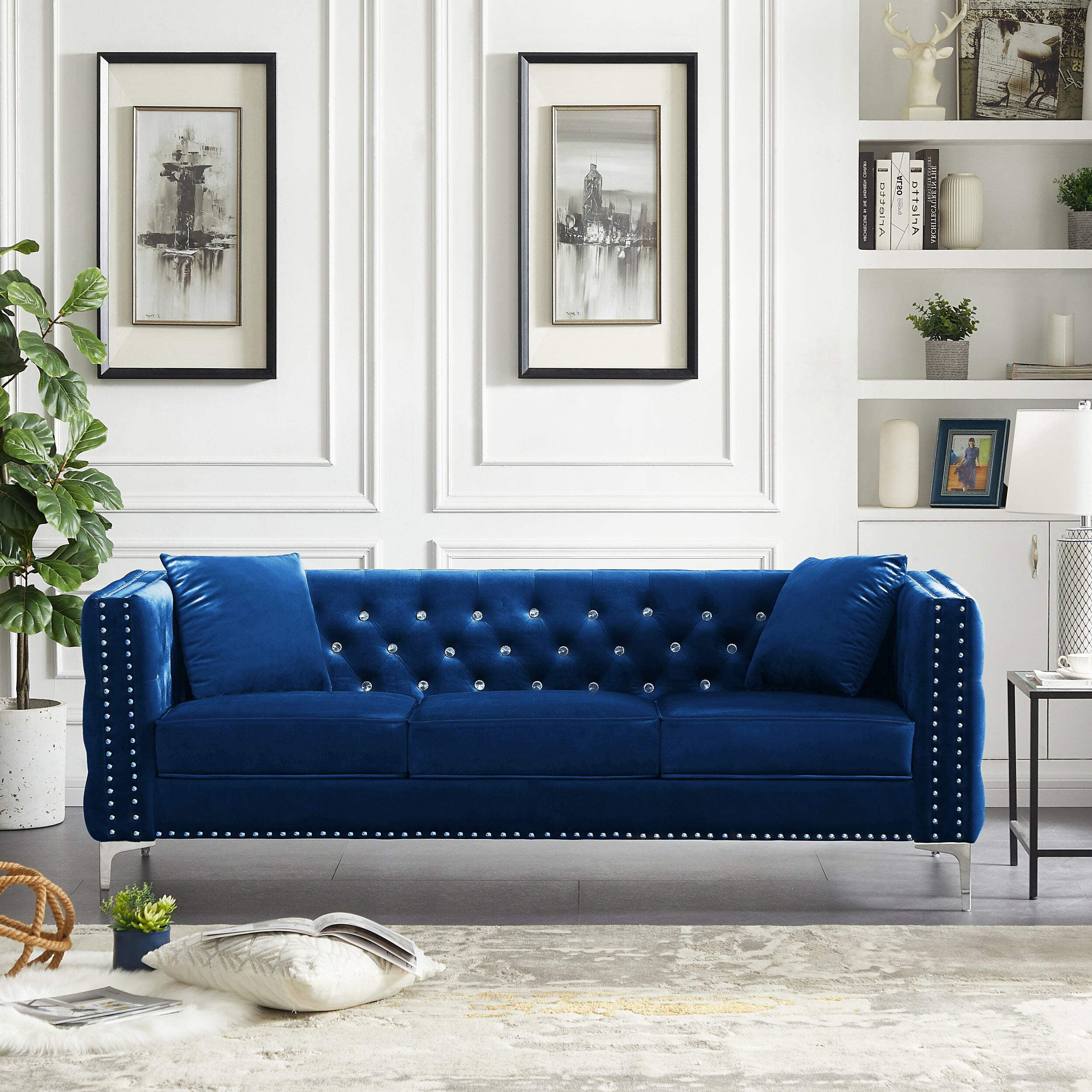 82.3" Width Modern Velvet Sofa Jeweled Buttons Tufted Square Arm Couch ...
