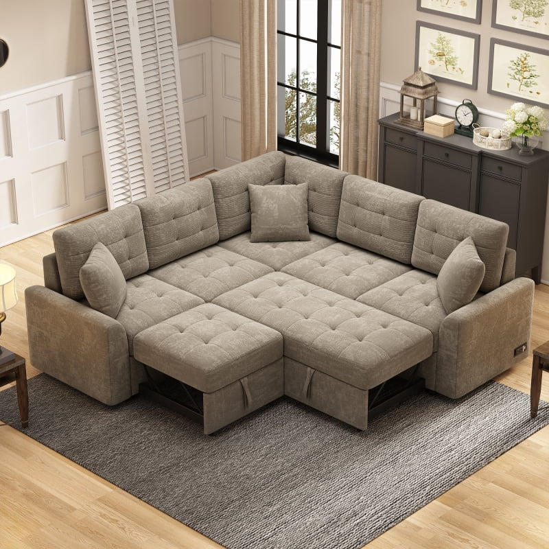 82.6" L-shape Sofa Bed Pull-out Sleeper Sofa with Wheels, USB Ports ...