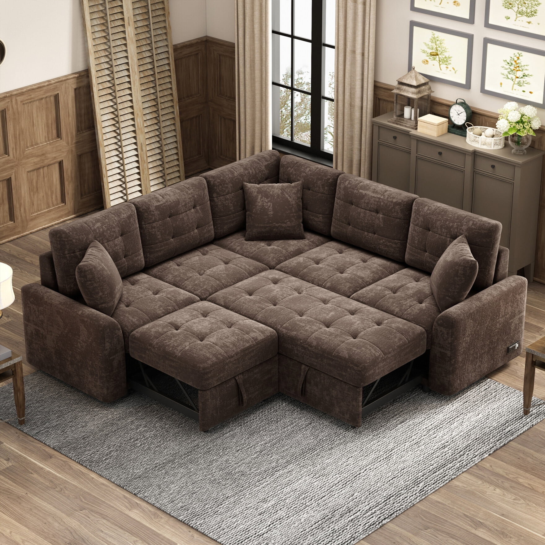 82.6" Modular Sectional Sleeper Sofa with Pull Out Bed, Velvet L Shape ...