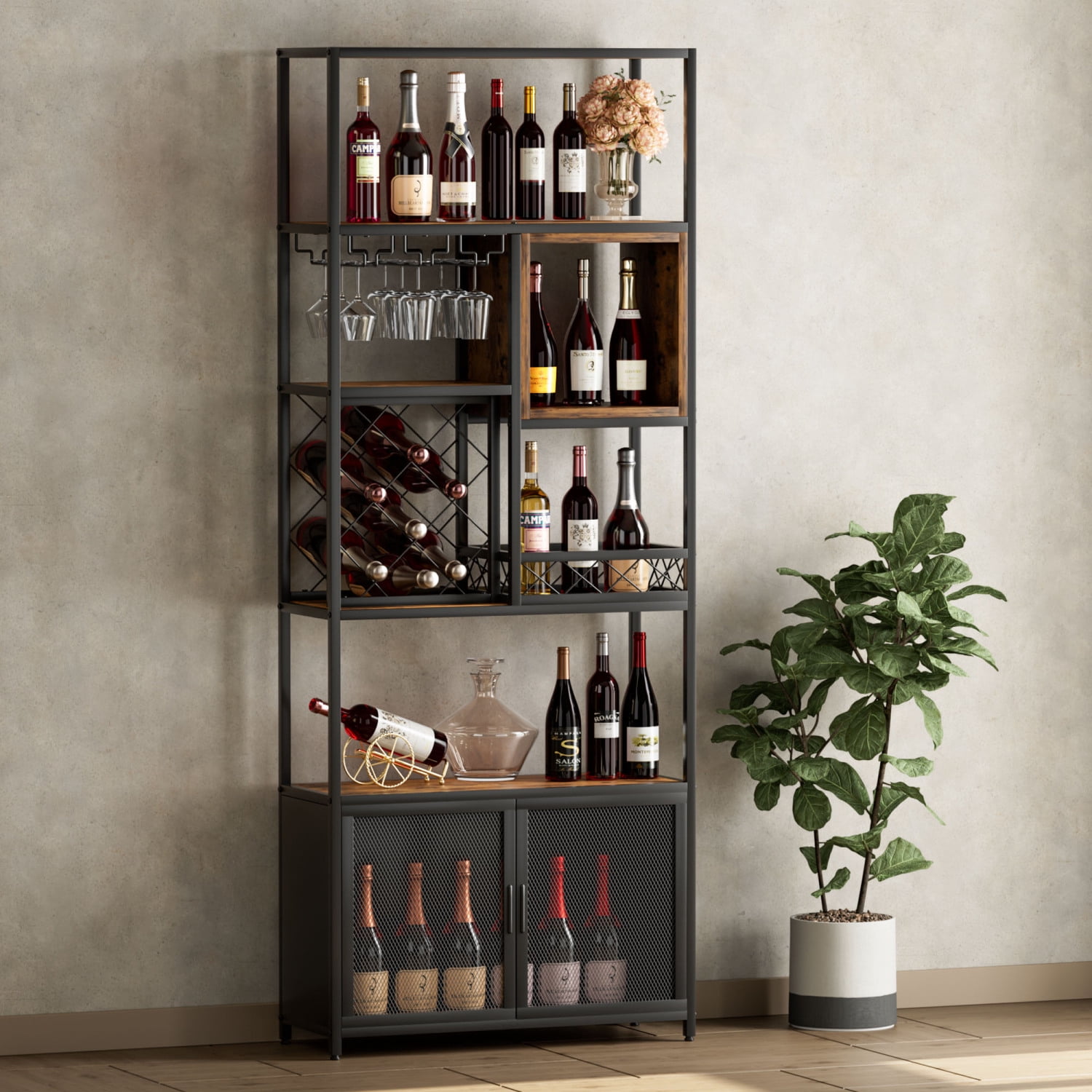 82.7” Industrial Tall Black Bar Wine Rack Cabinet with Glass Holder ...