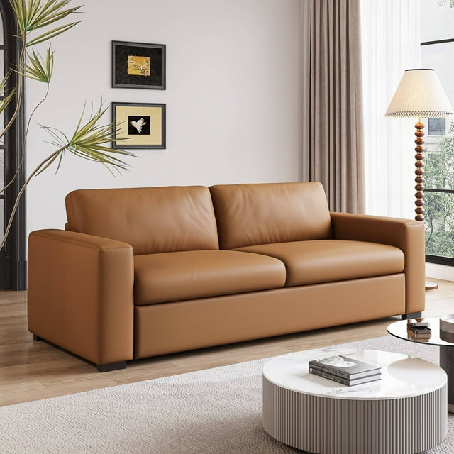 82.7'' Leather Sofa Couch Square Arm Upholstered Sofa, Mid-Century ...