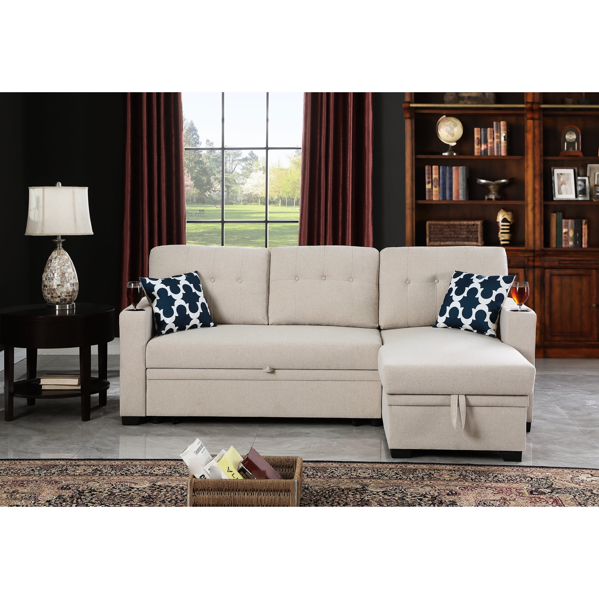 82" Beige Sectional With Storage Chaise & Cupholder Arm Rest - Linen ...