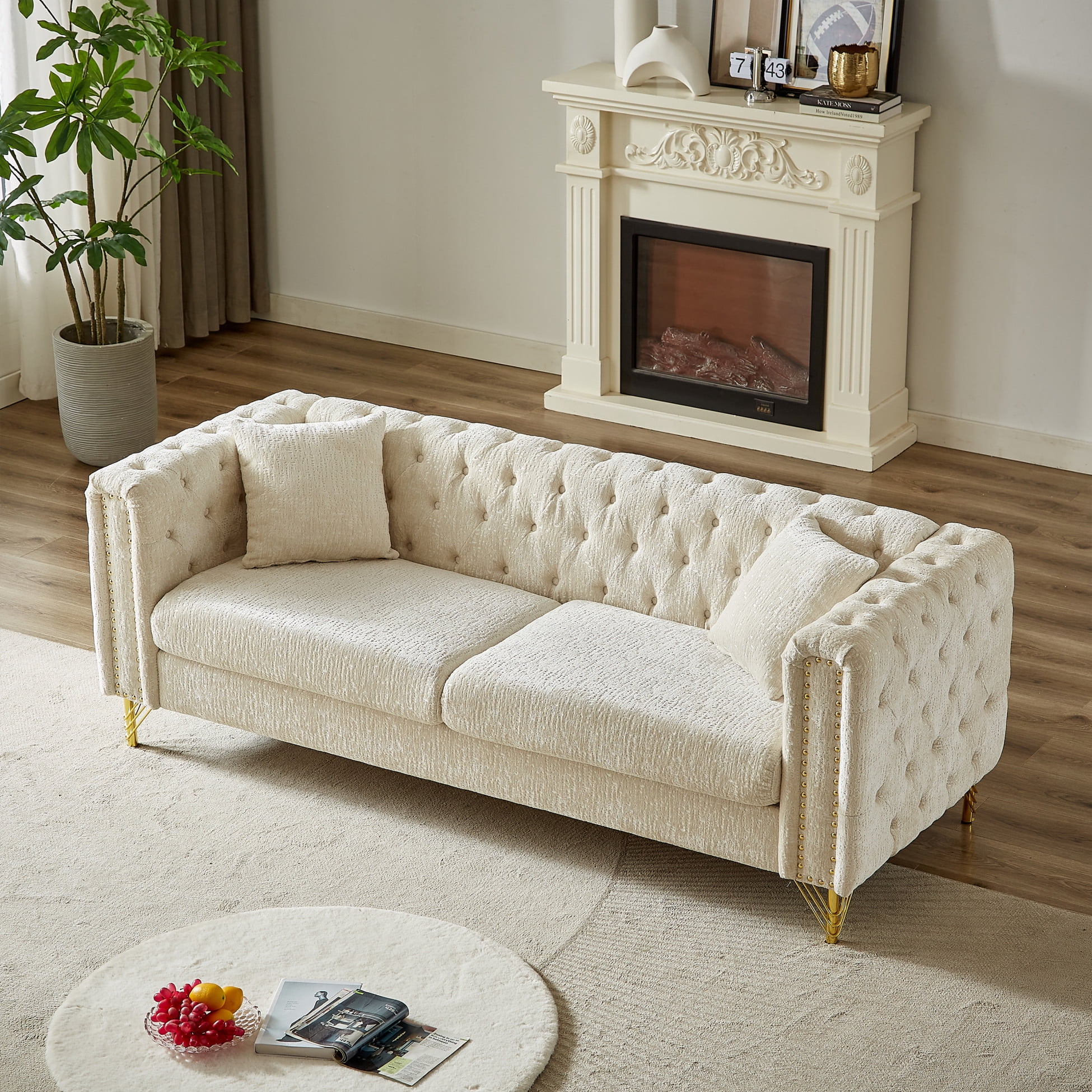 82" Chenille Chesterfield Sofa with Pull Buckle Design, Tufted Buttons ...