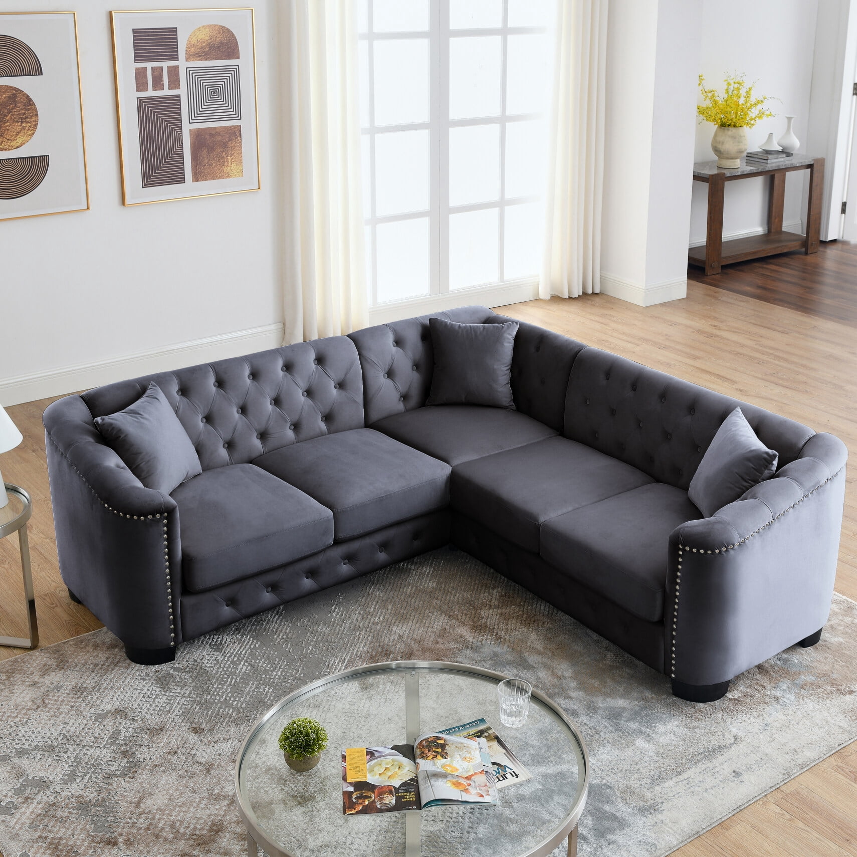 82" Chesterfield Velvet L Shaped Sofa, Upholstered Button Tufted 5 ...