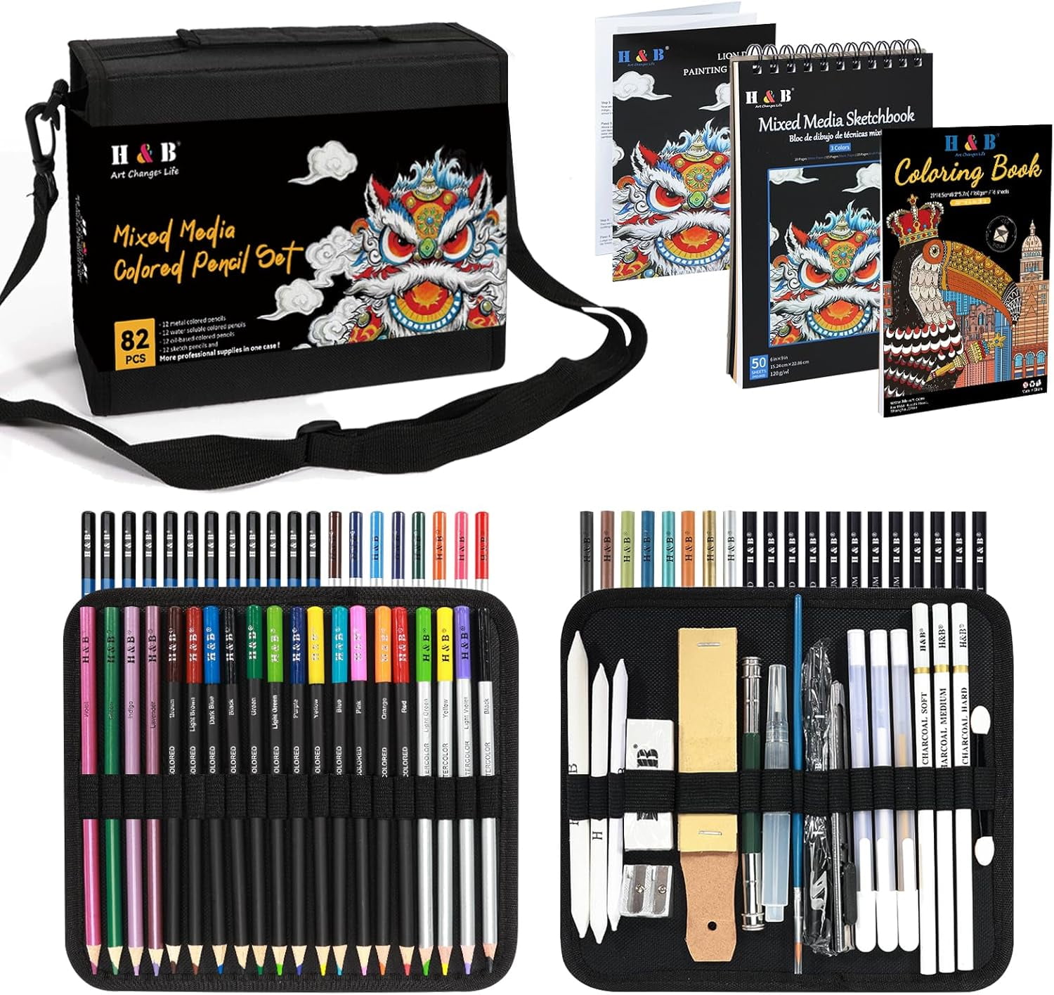 82 Coloring Pencils Set with Portable Zipper Bag Sketchpad Drawing ...
