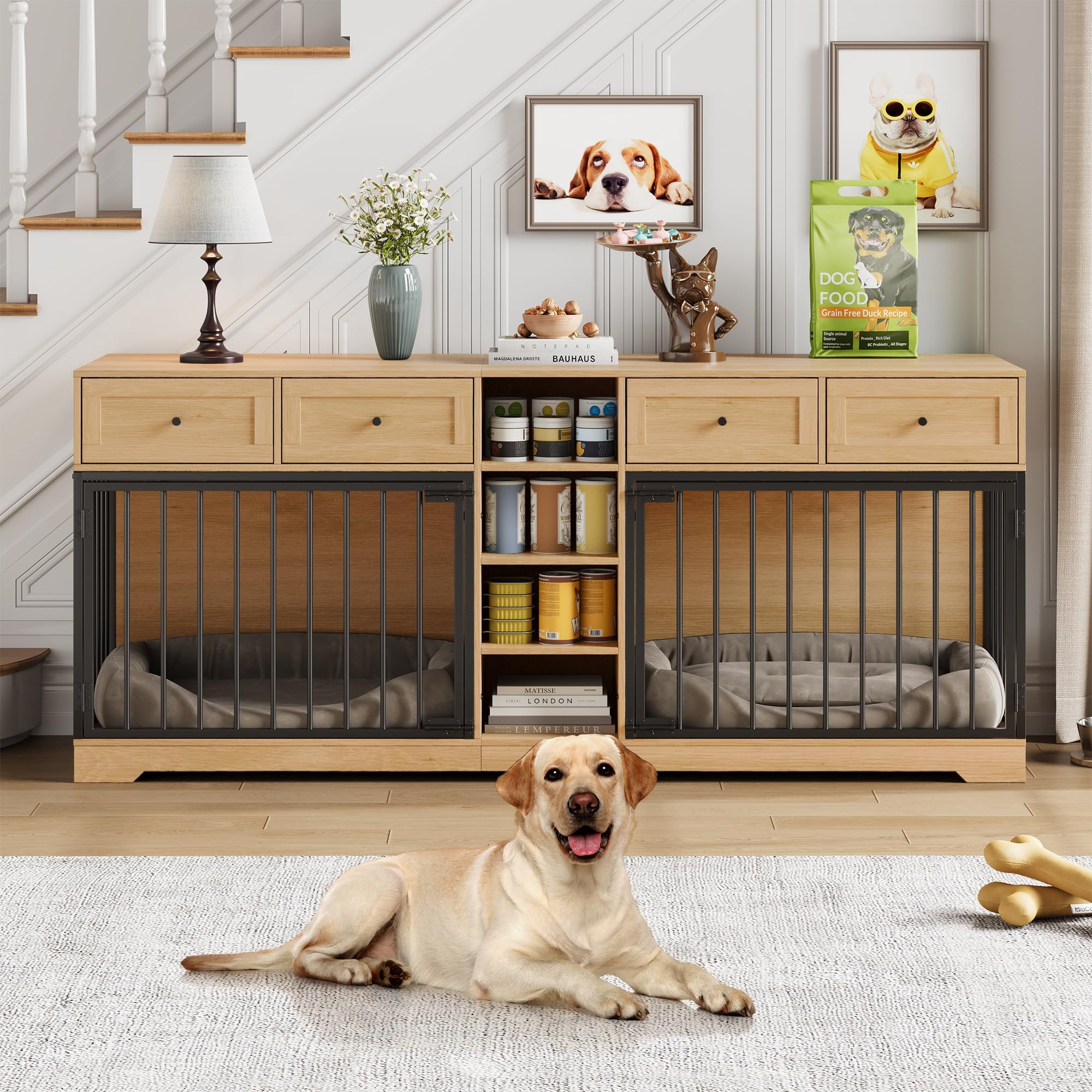 82" Double Dog Crate Furniture for 2 Dogs, Large Wooden Indoor Kennel ...