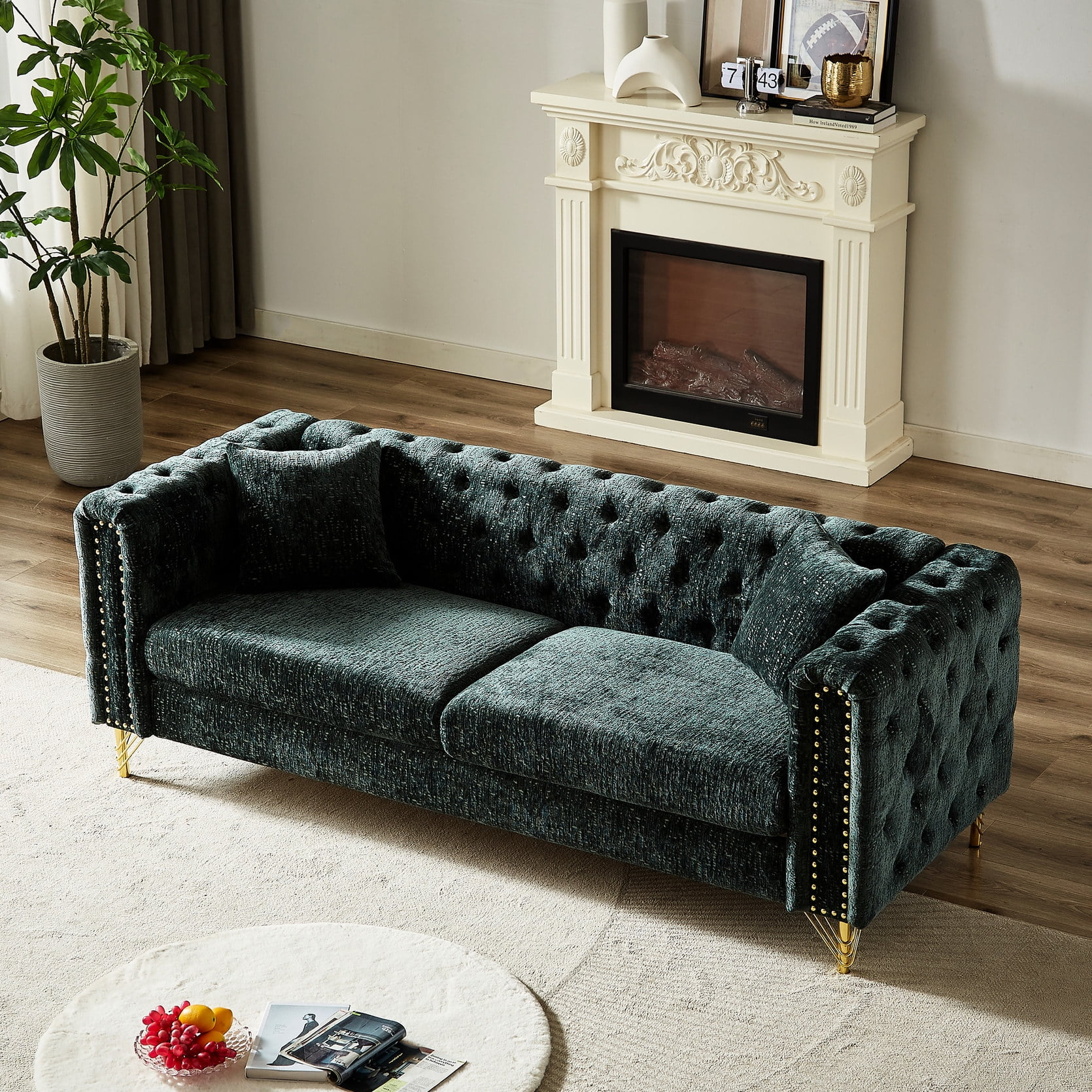 82-Inch 3-Seat Chenille Sofa with Pull Buckle Design | For Living Room ...