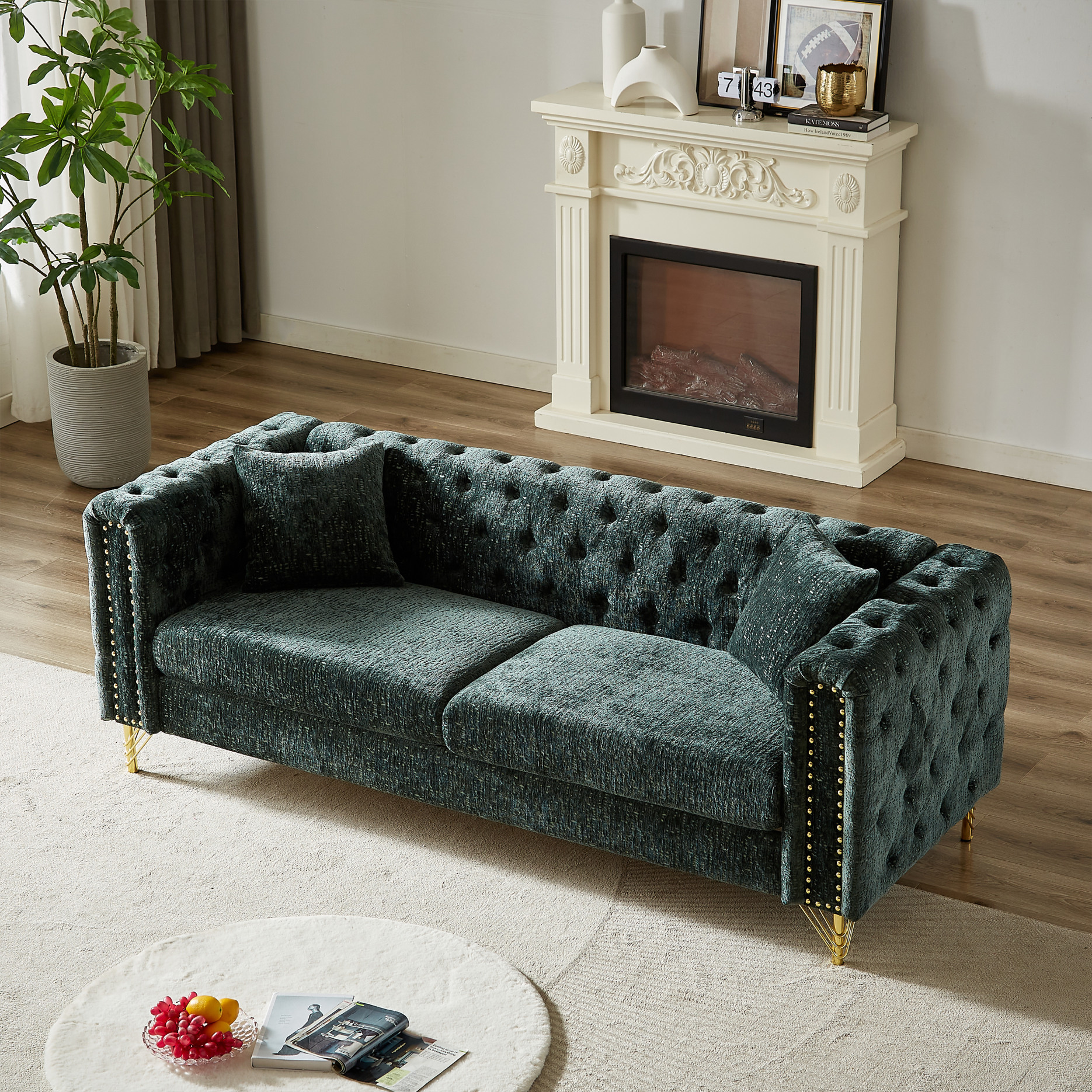 82-Inch Chenille Pull Buckle Design Sofa for Living Room, Buttons ...