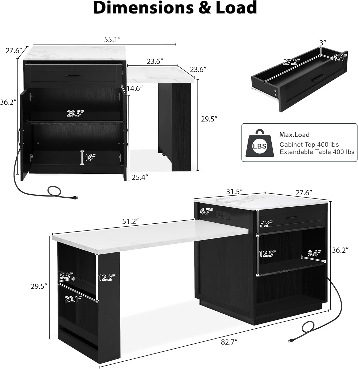 82. Inch Extendable Kitchen Island with Dining Table for 4-6 People ...