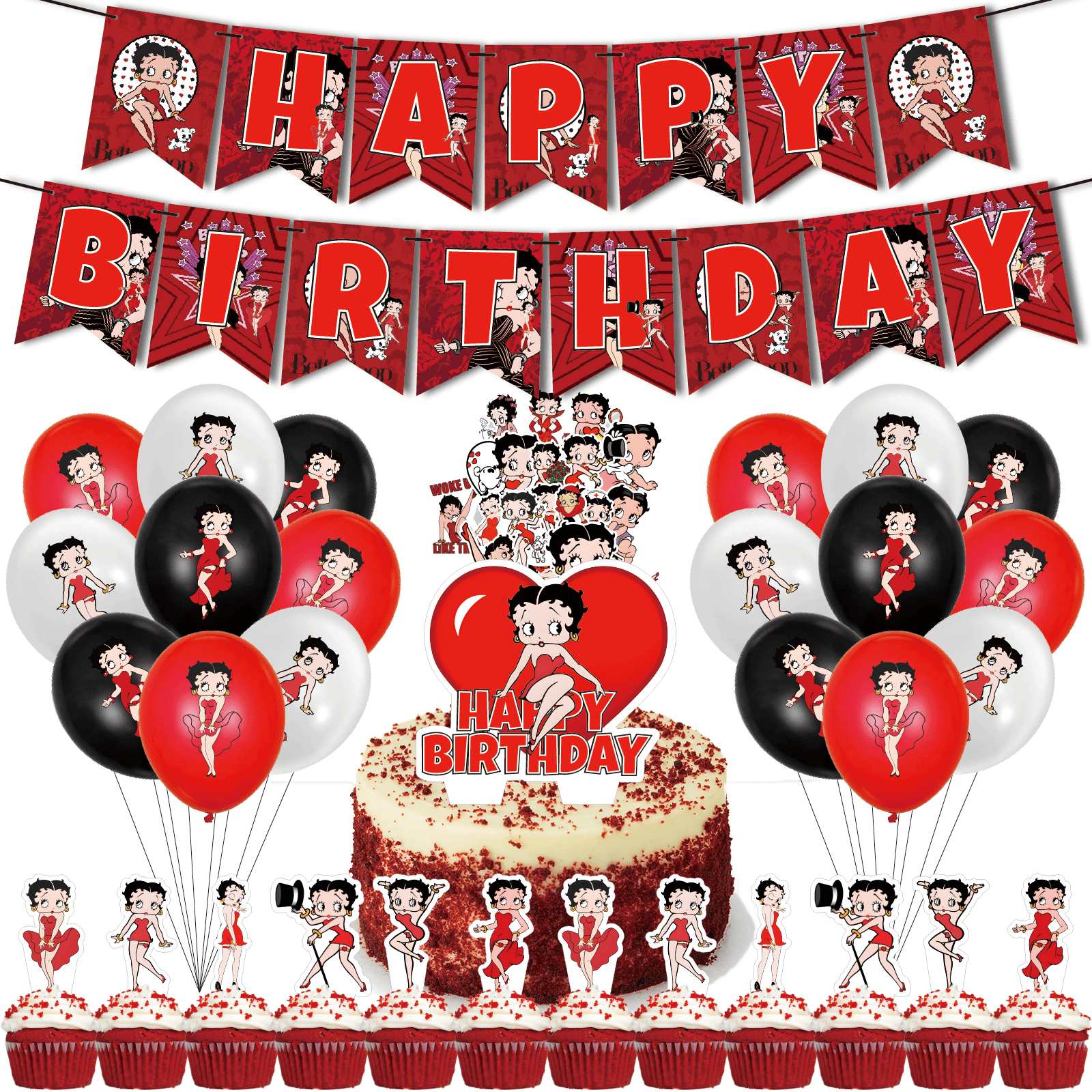 82 Pcs For Betty Cartoon - Party Decoration Kit – Includes Banner, Cake Topper, 12 Cupcake ...