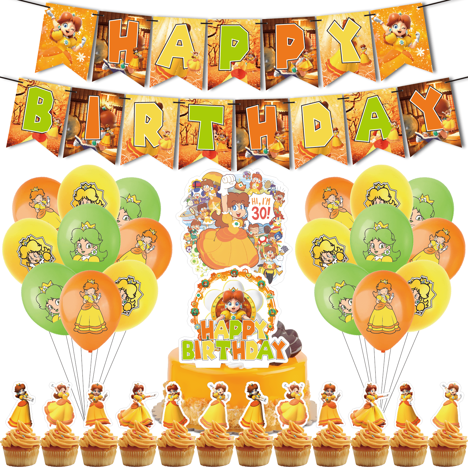 82-Piece For Princess Daisy Cartoon Theme Birthday Party Decorations Set with Banner, Cake ...