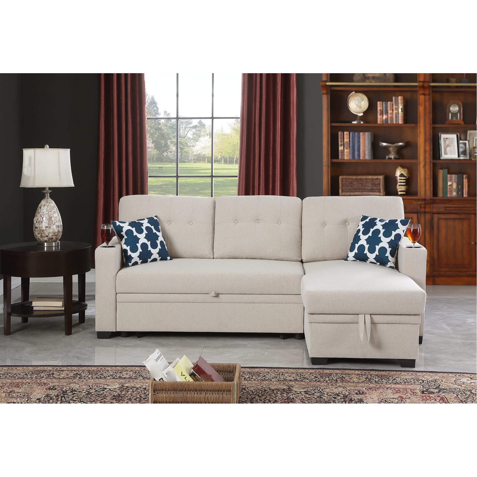 82" Width Sectional With Storage Chaise And Armrest Cup Holder - Beige ...