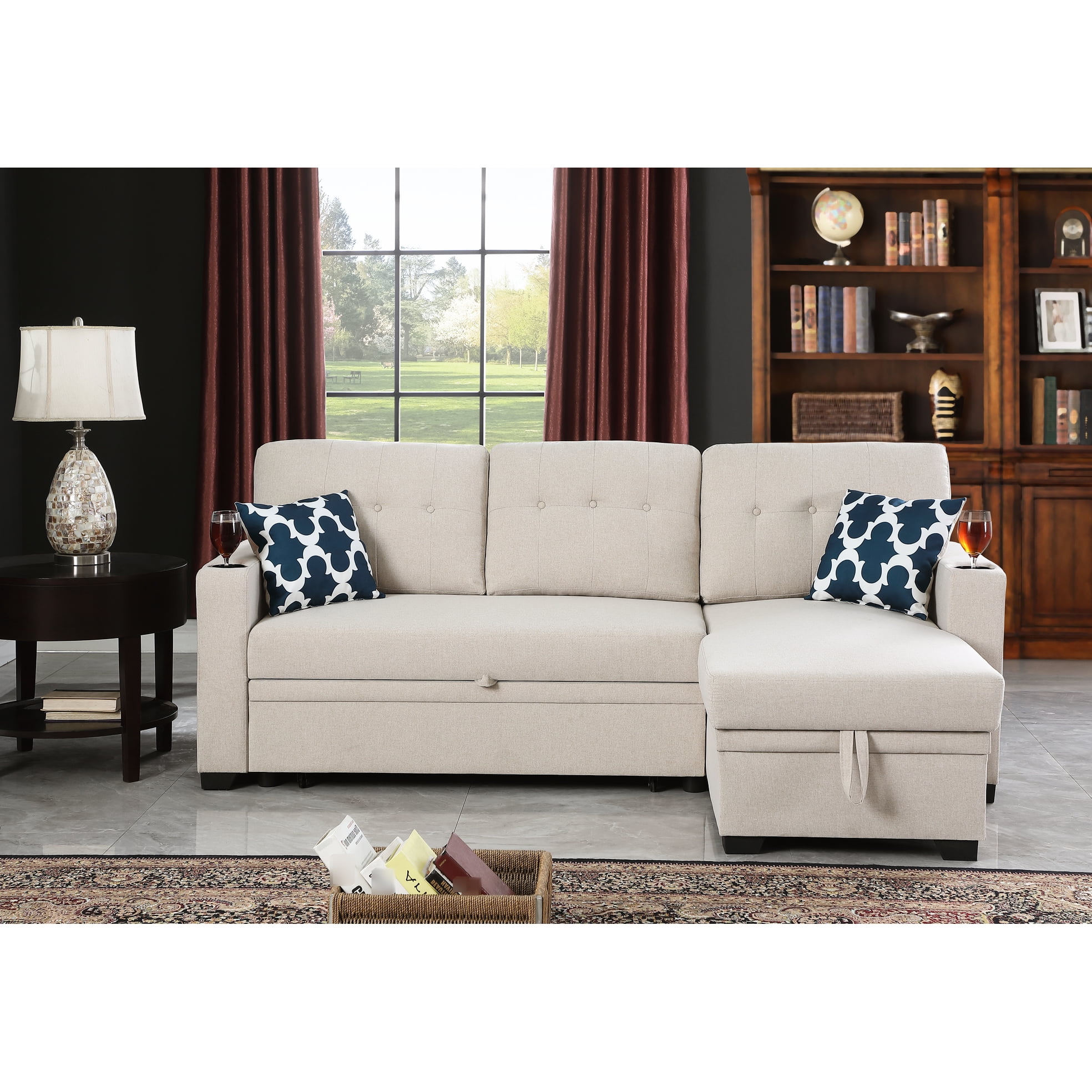 82" Width Sectional With Storage Chaise & Cupholder Armrest - Beige ...