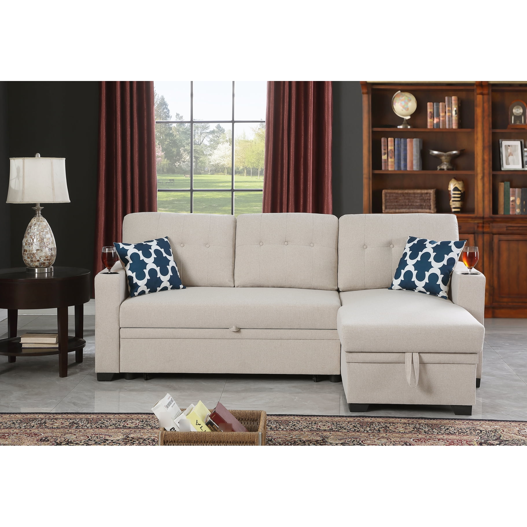 82" Width Sectional With Storage Chaise & Cupholder Armrest - Beige ...