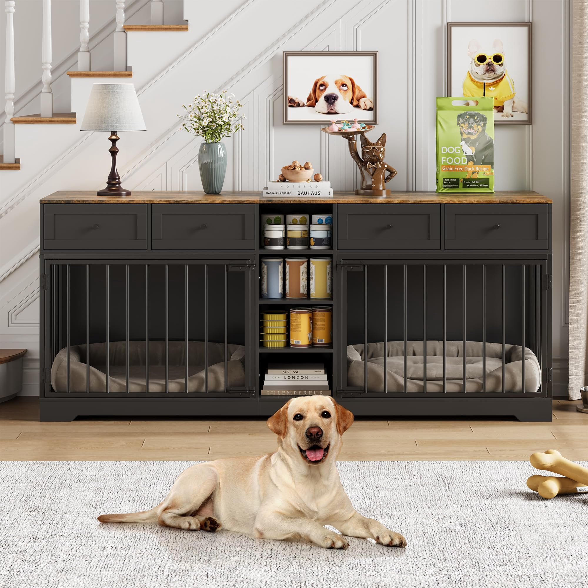 82 inches Dog Crate Furniture for 2 Dogs, Double Dog Crate with 4 ...