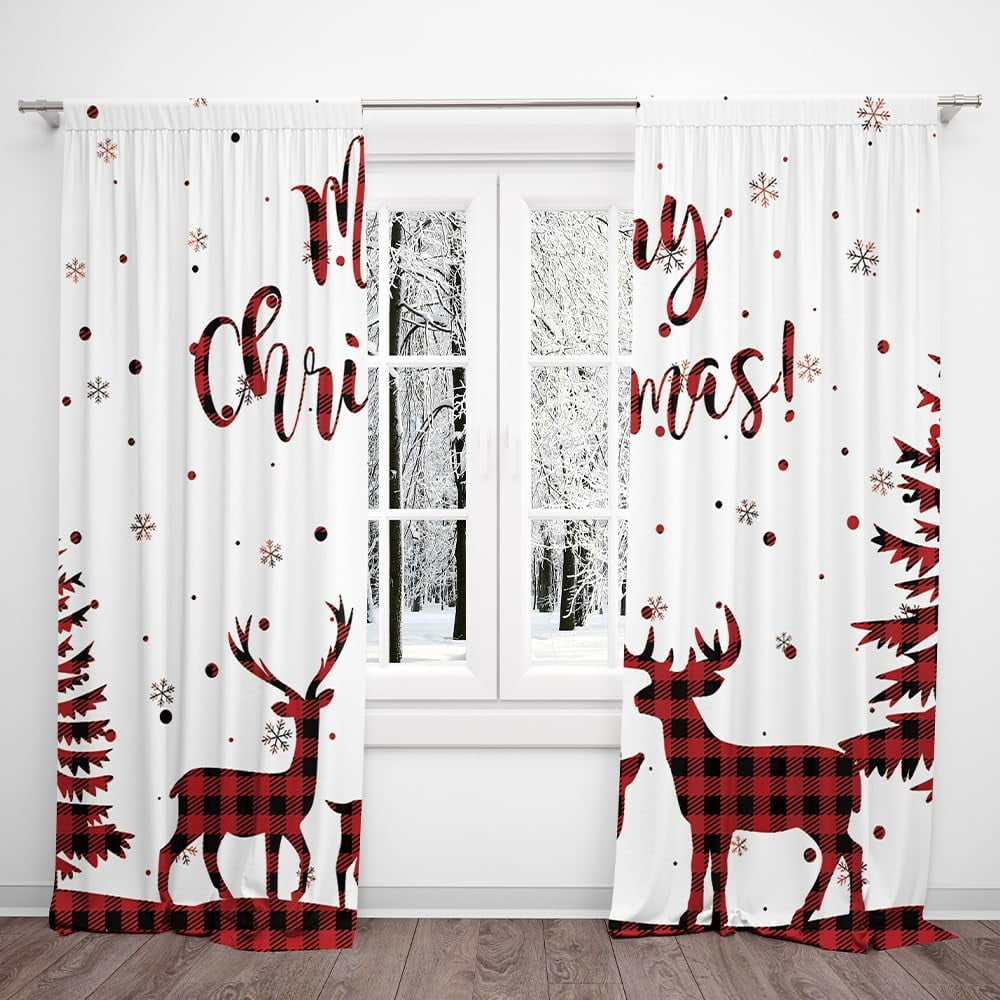82 x 84 Inches Christmas Winter Curtain Snowflake Xmas Tree Red Check ...