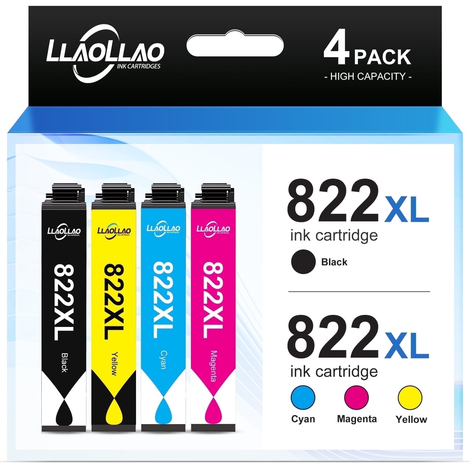 LLAOLLAO, 822XL Ink Cartridge 4-Pack, Black Cyan Magenta Yellow, for ...