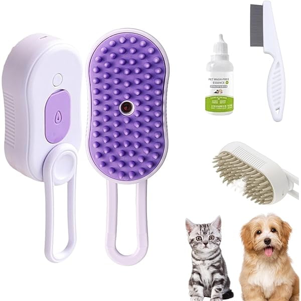 829 Paw Mingle 3-in-1 Cat Steam Brush, Purple, Pet Groomer Comb for Massaging and Cleaning ...